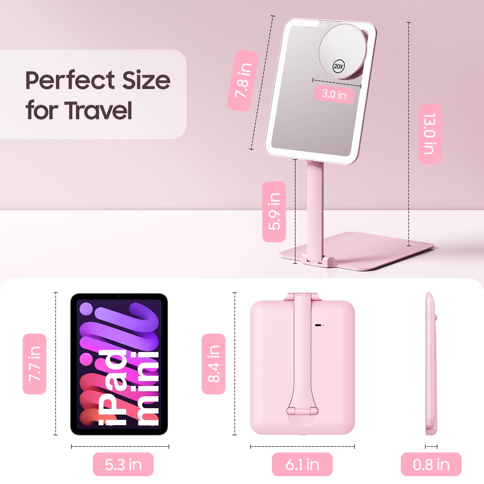 OMOMMD Pink Foldable Travel Makeup Mirror Lights 20x Magnification ...