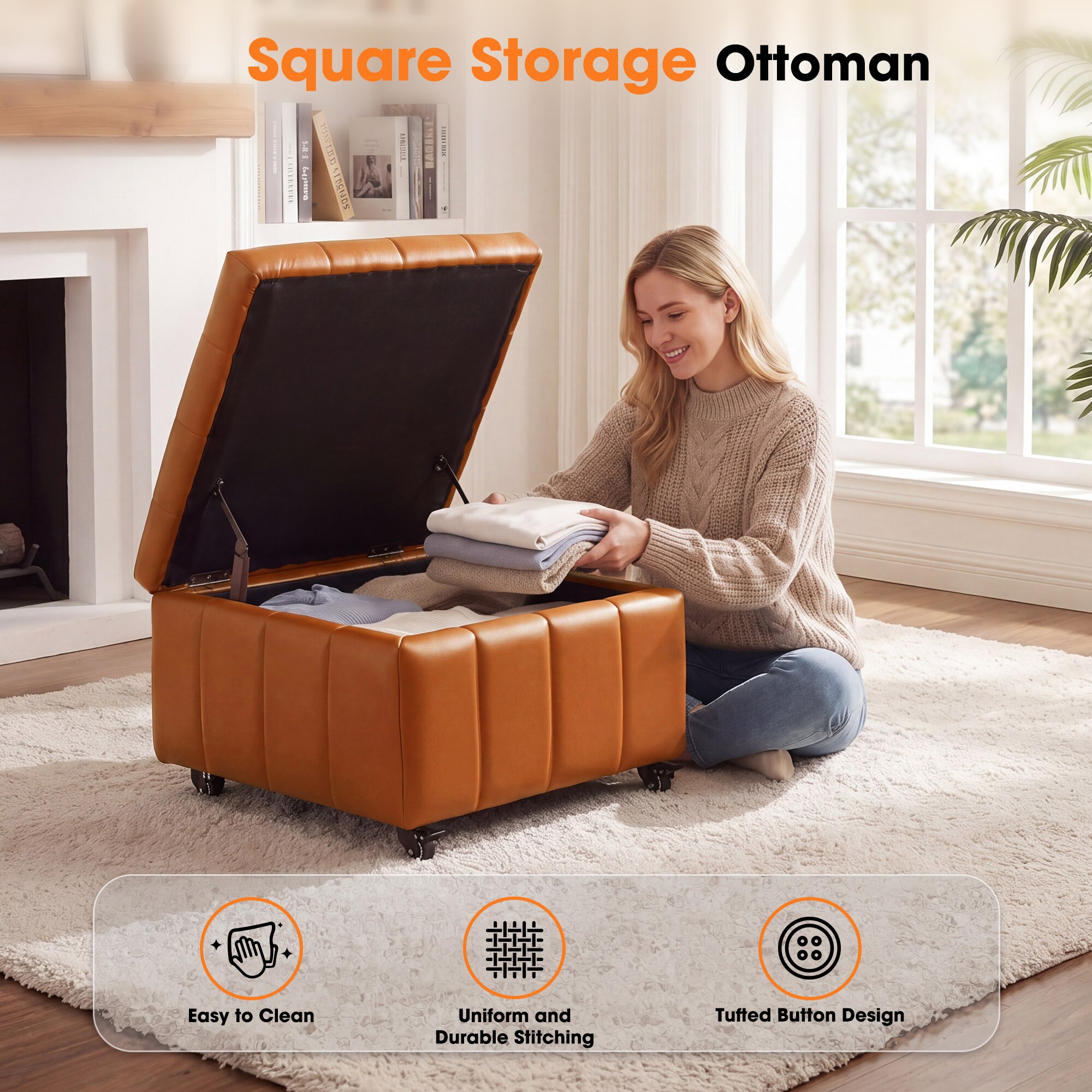 Czpalo Modern Orange Faux leather Storage Ottoman with Lock Wheels in ...