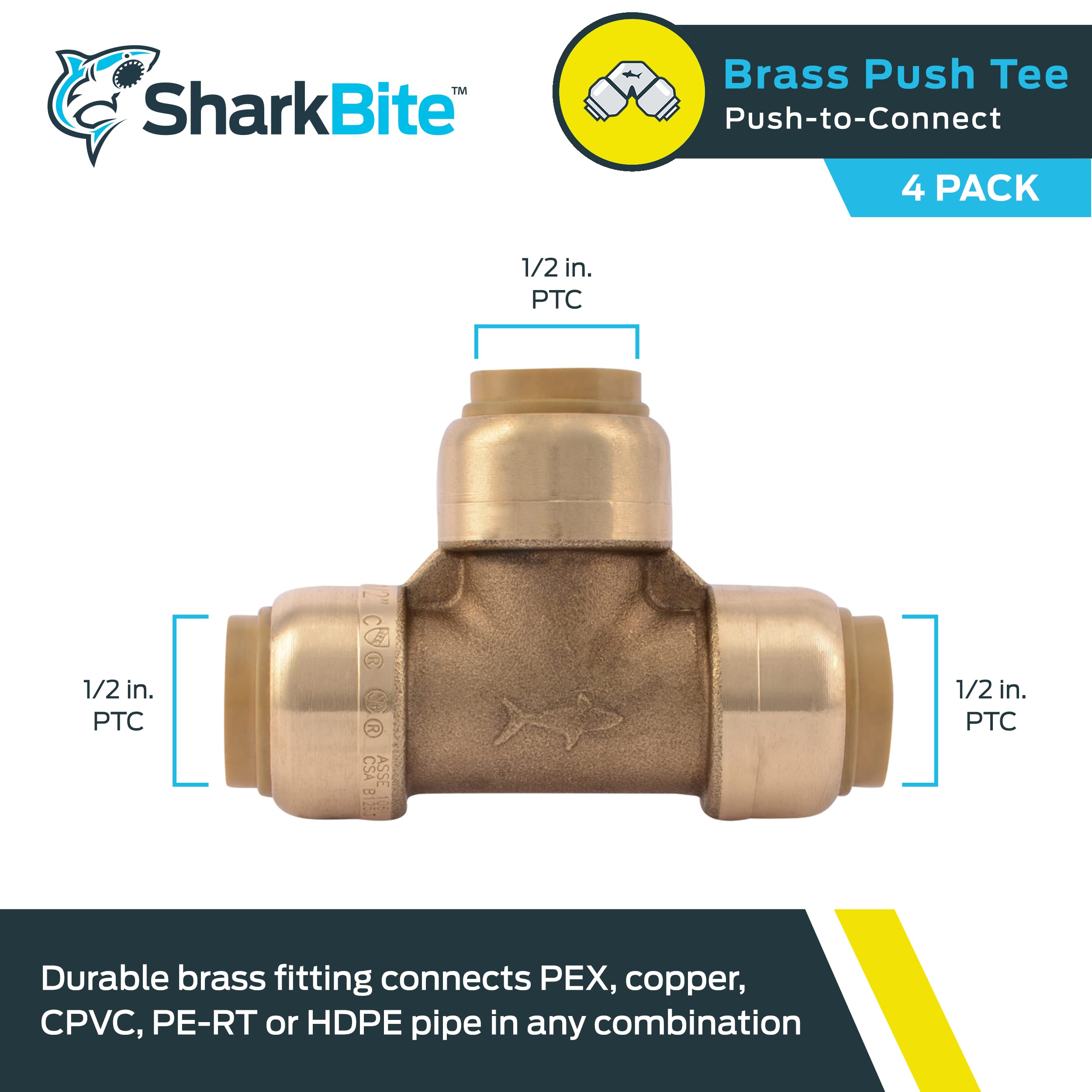 SharkBite 1/2 Inch Tee Pack of 4 Push to Connect Brass Plumbing Fitting ...