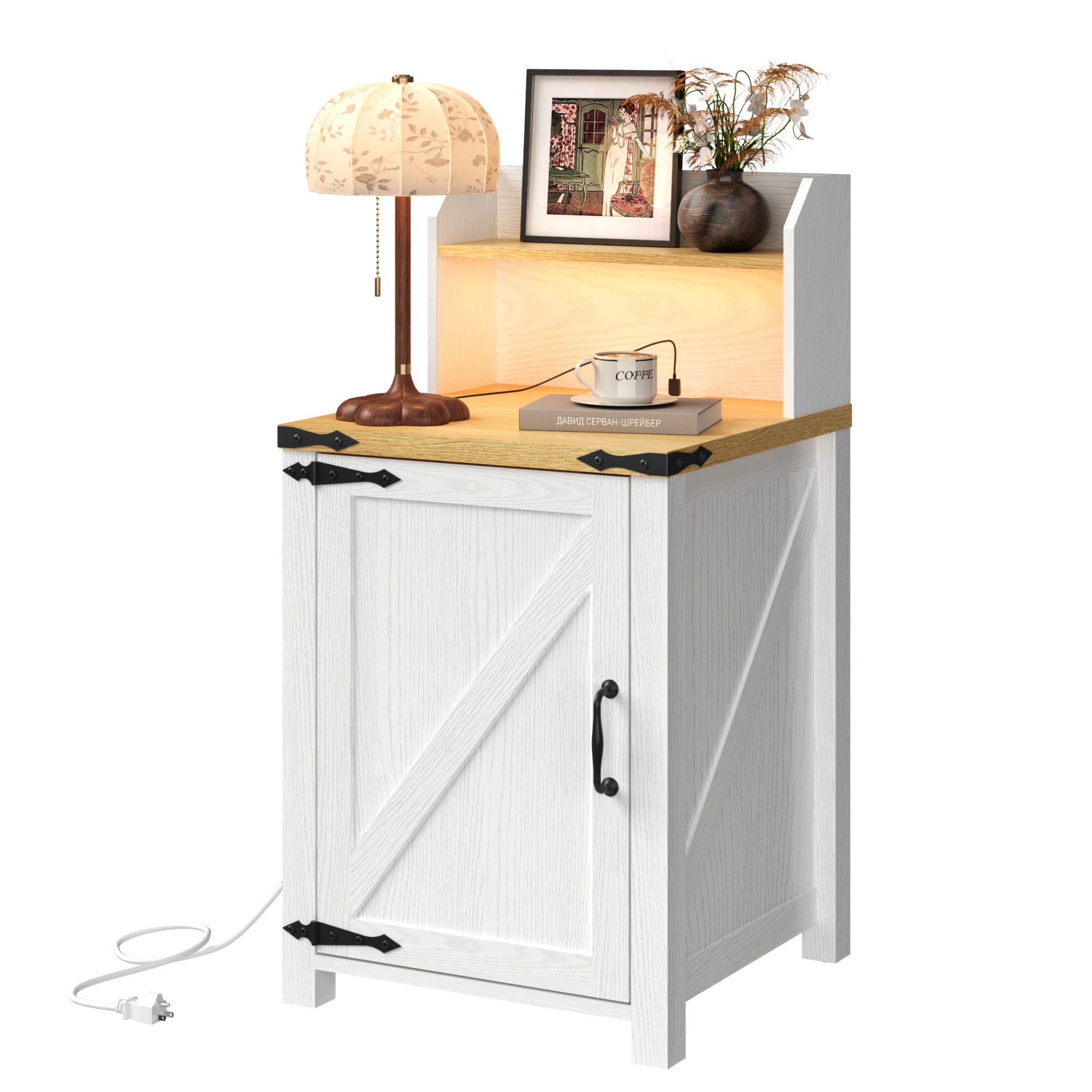LOVMOR Nightstand with Charging Station 18 Inch Farmhouse End Table ...