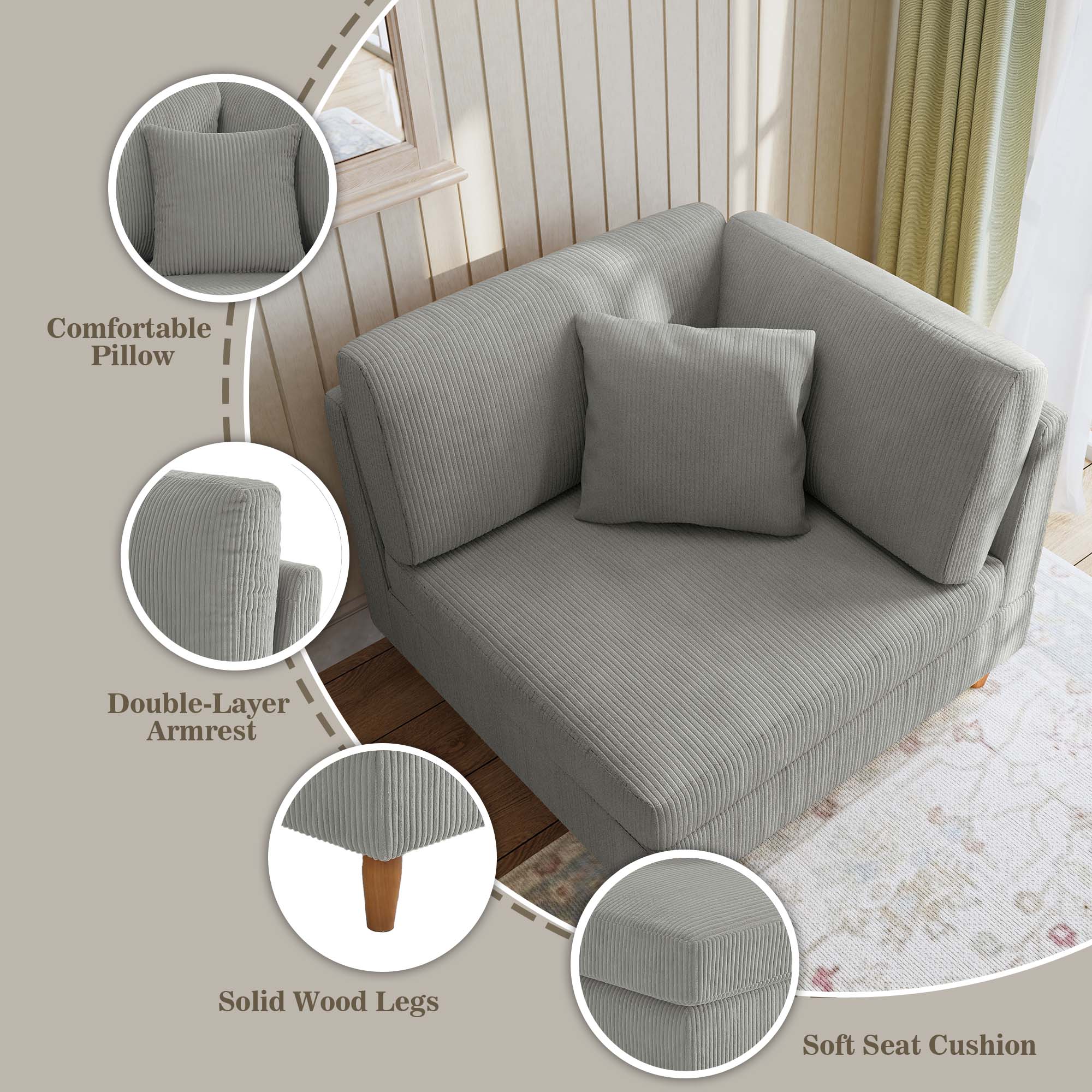 Dreamsidea Corduroy Upholstered Corner Armchair With Wide Ergonomic ...