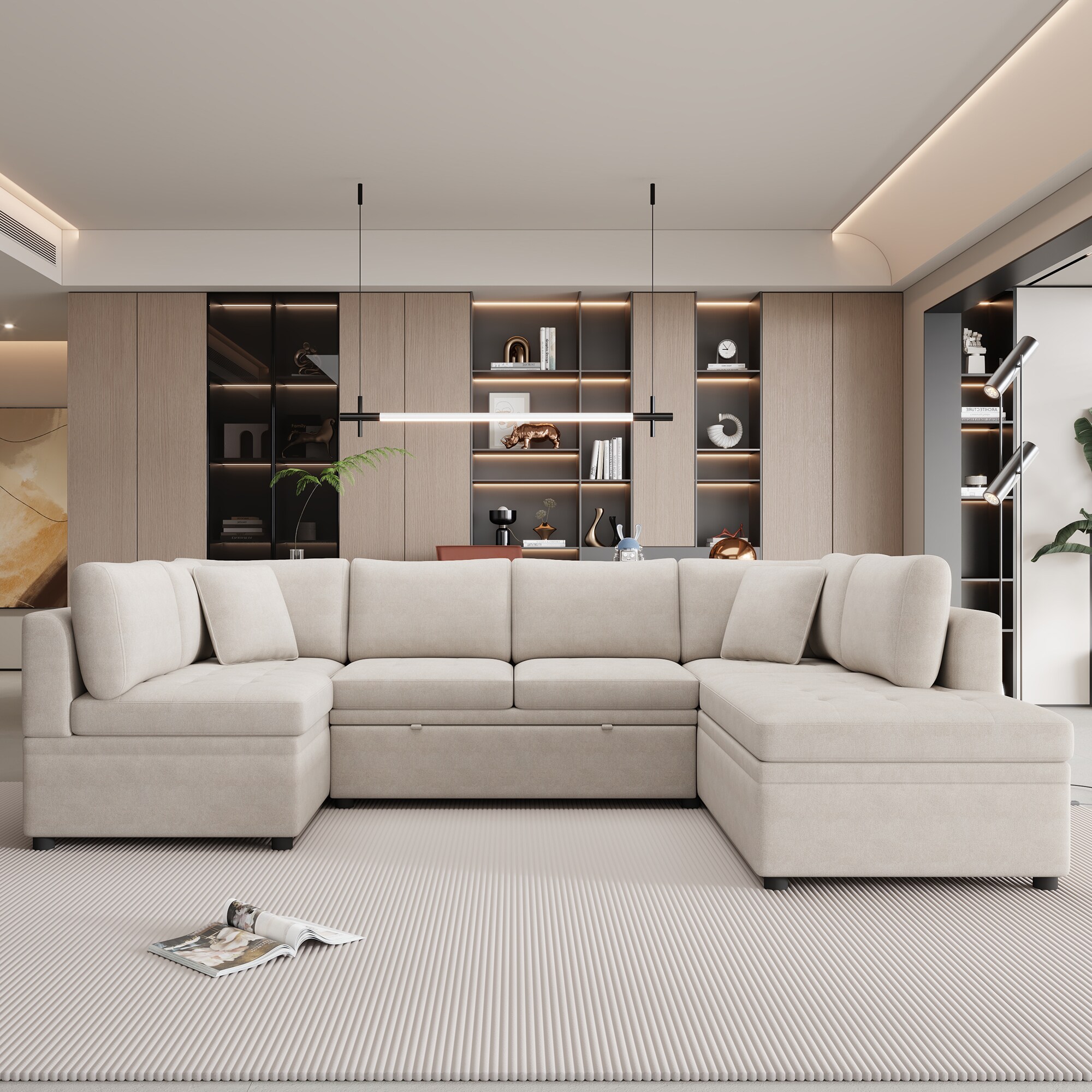 Clihome U-shaped Sofa 117.3-in W Modern Beige Chenille 4-seater ...