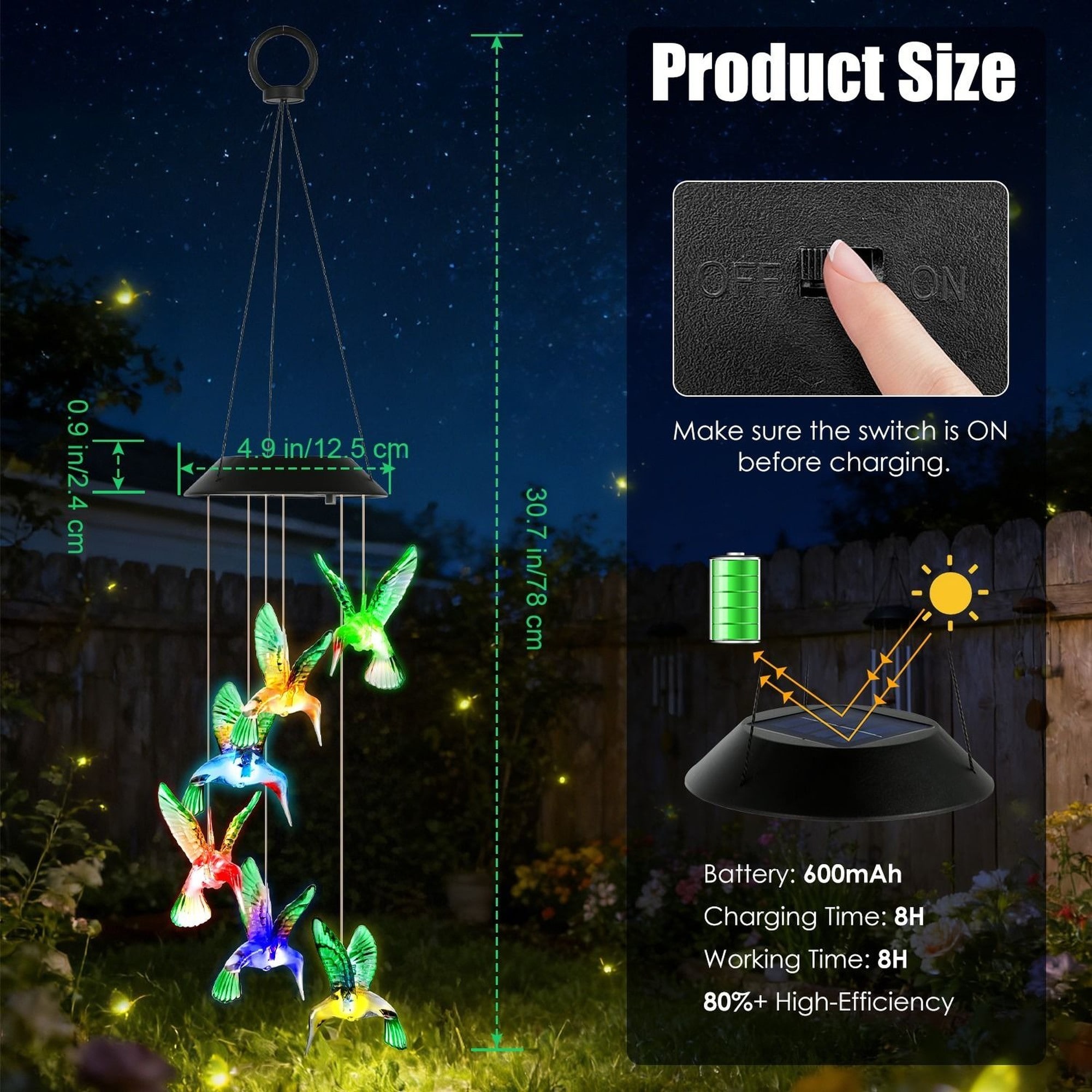 Angel Sar Solar Hummingbird Wind Chimes with 6 LEDs Color-Changing IP65 ...