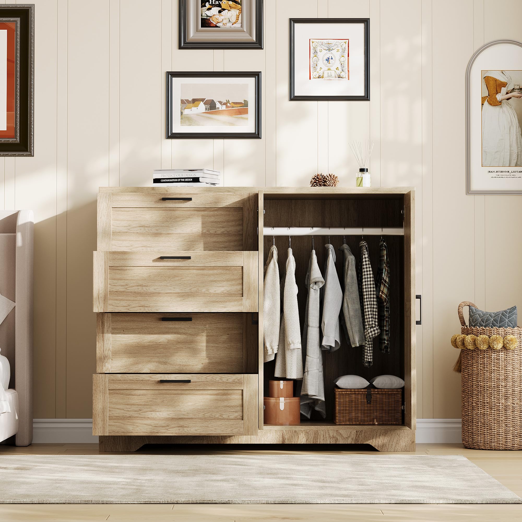 IdealHouse Low Profile Wardrobe Organizer with 4 Drawers Hanging Rod ...