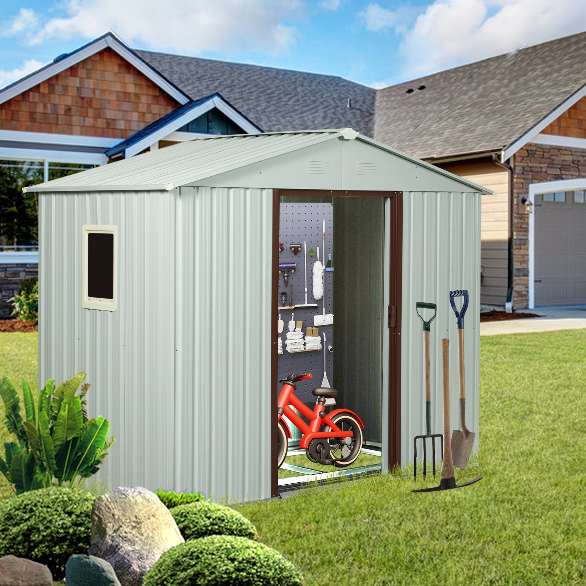 Afoxsos 8 ft x 4 ft Outdoor Metal Storage Shed White Galvanized Steel ...