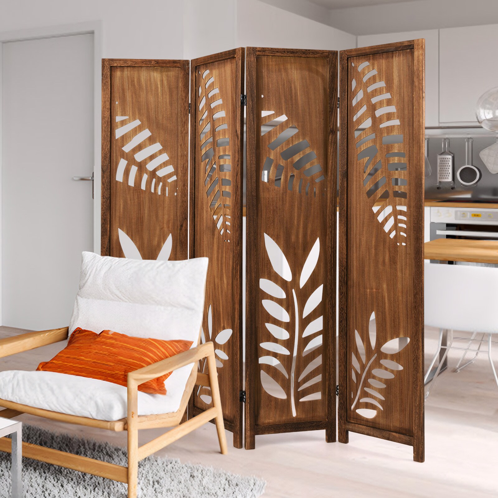 Slickblue Folding Wooden Brown Room Divider with 4 Leaf Carved Panels ...