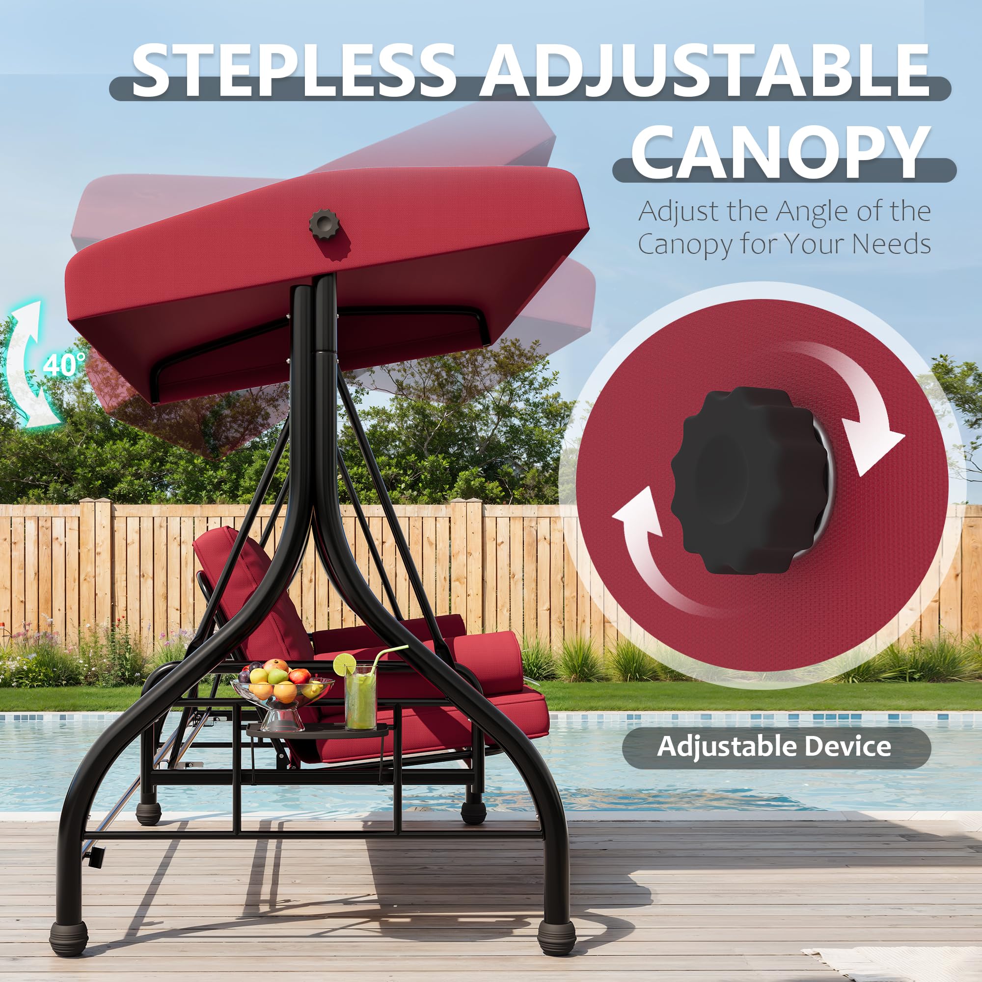 GarveeLife 3-Person Red Outdoor Patio Porch Swing with Adjustable ...