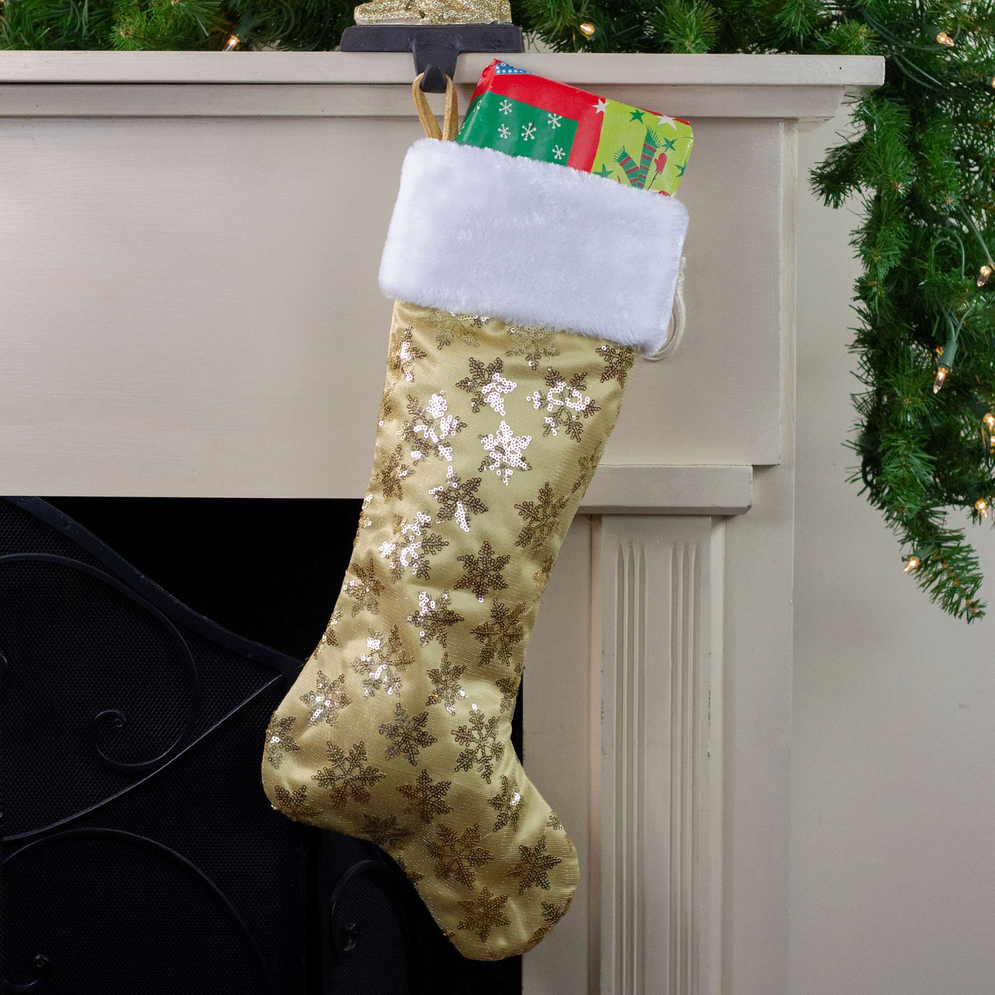Northlight 20.5 inch Gold and White Sequin Snowflake Christmas Stocking ...