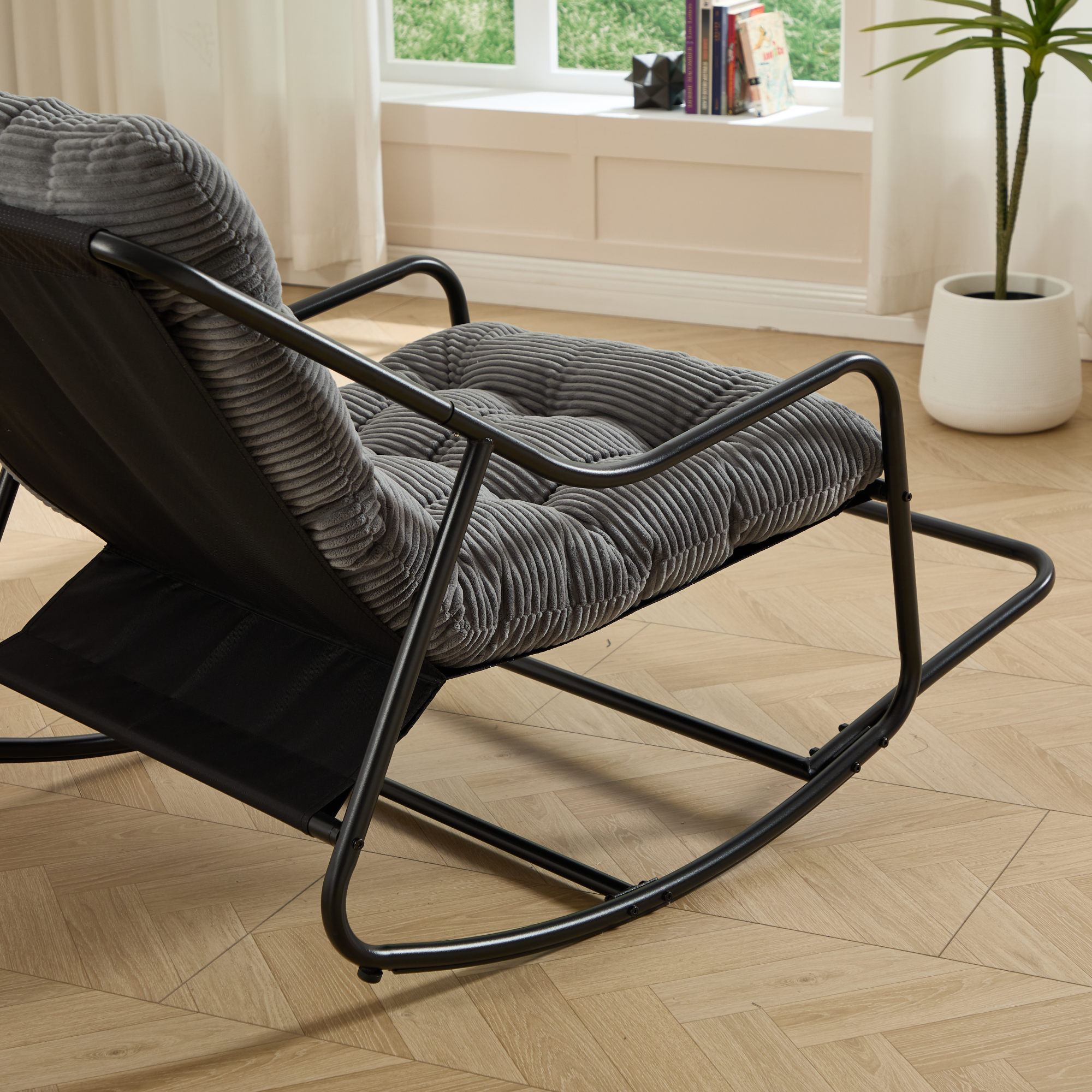 Justincity Outdoor Rocking Chair Black Steel Frame Grey Thick Corduroy ...