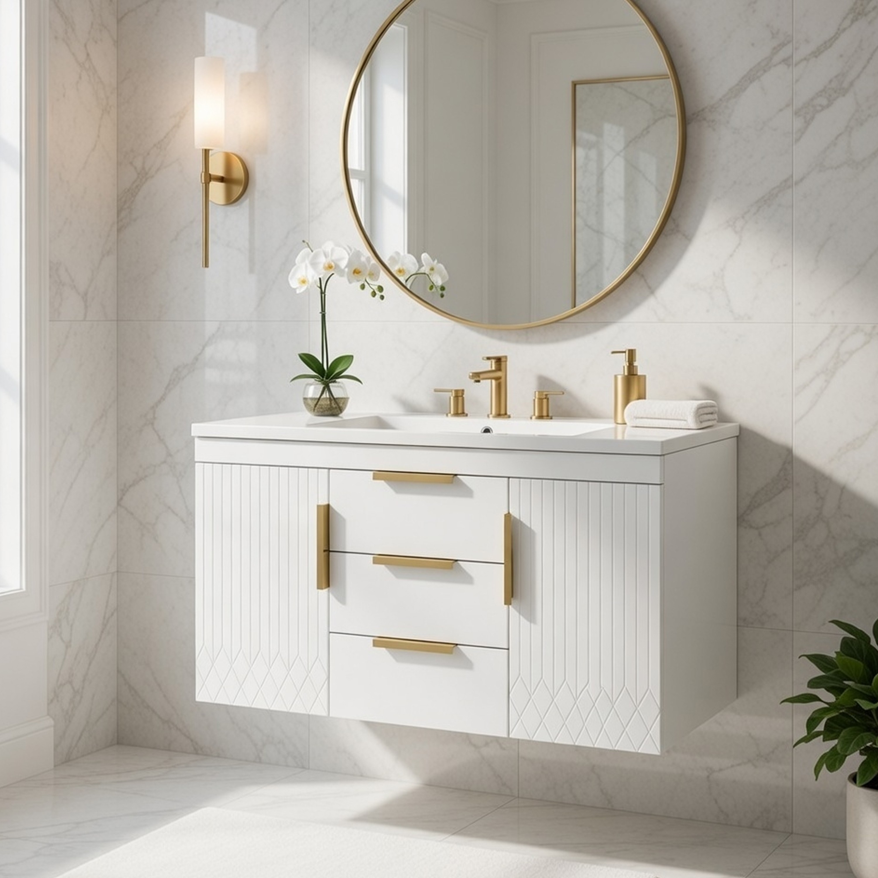 Benzara Jayz Floating Vanity with Sink Gold Accents White Textured Wood ...