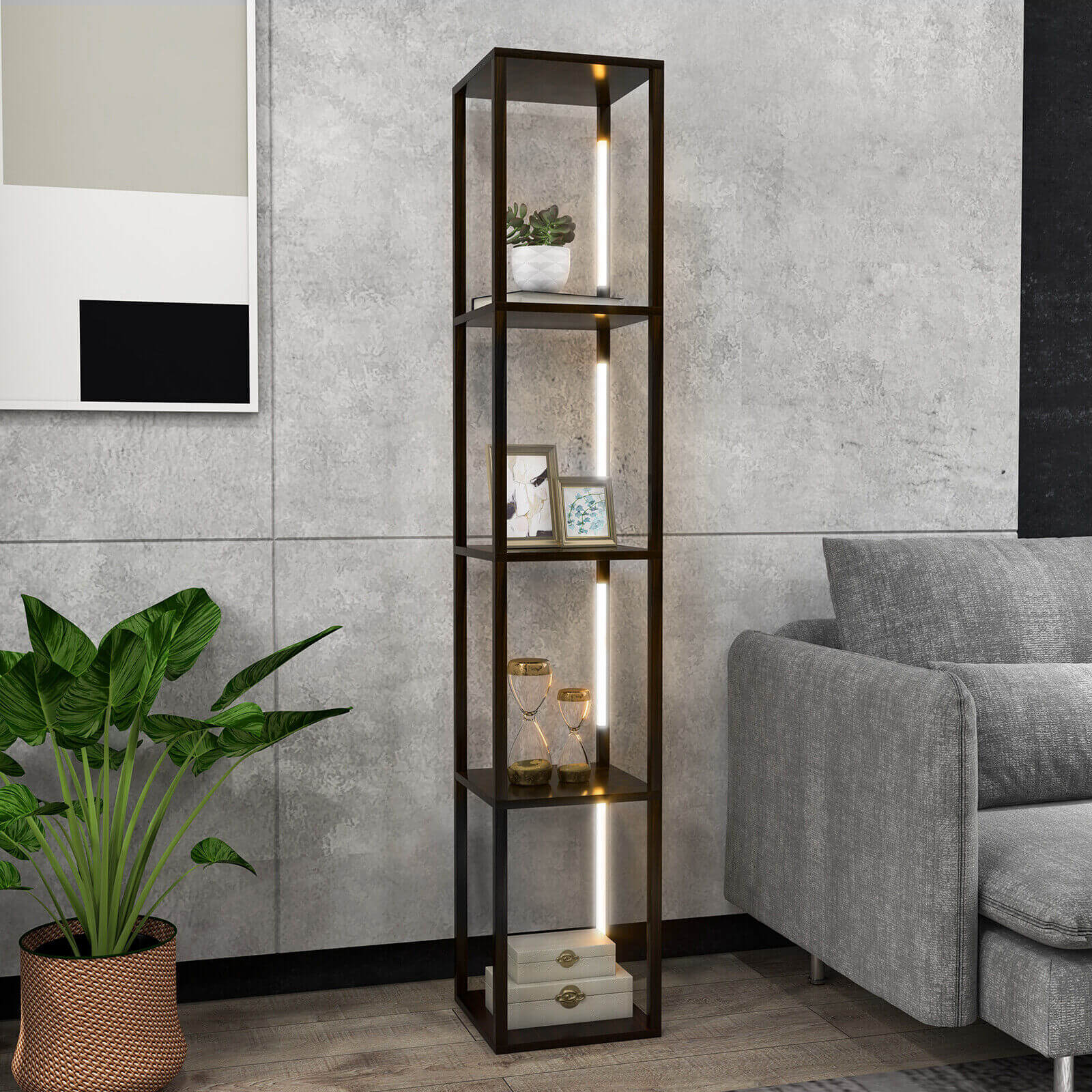Slickblue 64 inch Black/ Walnut Floor Lamp with 4 Open Shelves and 3 ...