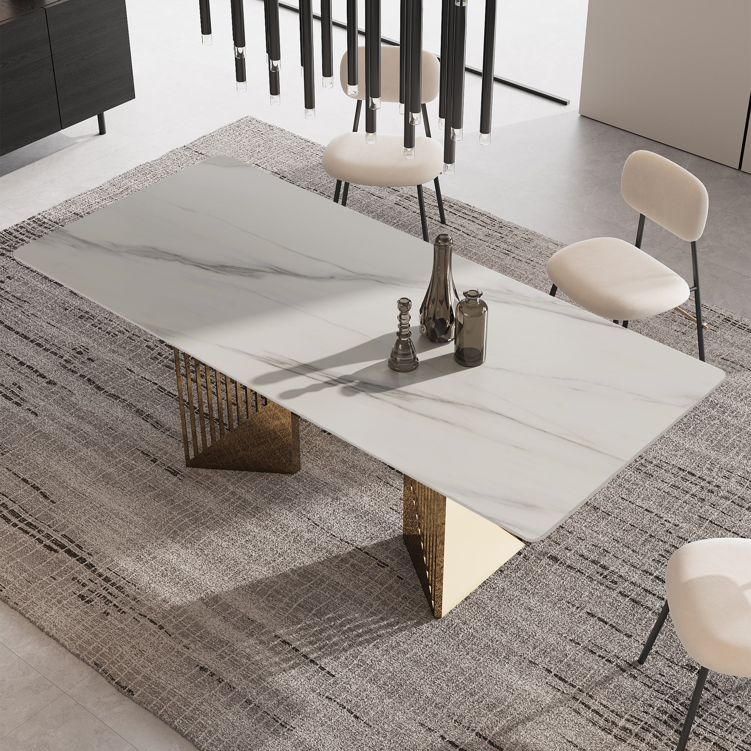 White Contemporary/Modern Marble Dining Table, with Gold Finish and ...