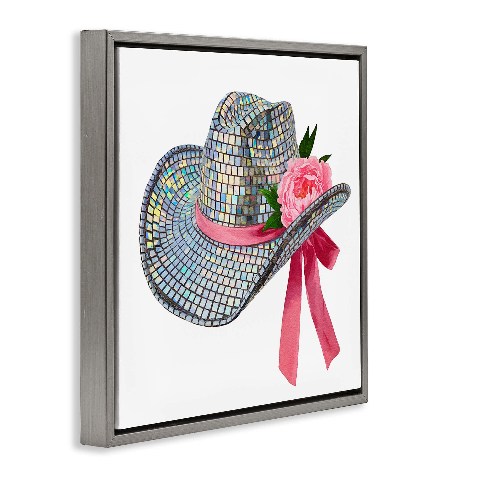 Stupell Industries Chic Bow on Disco Hat Gray Framed Floater Canvas ...