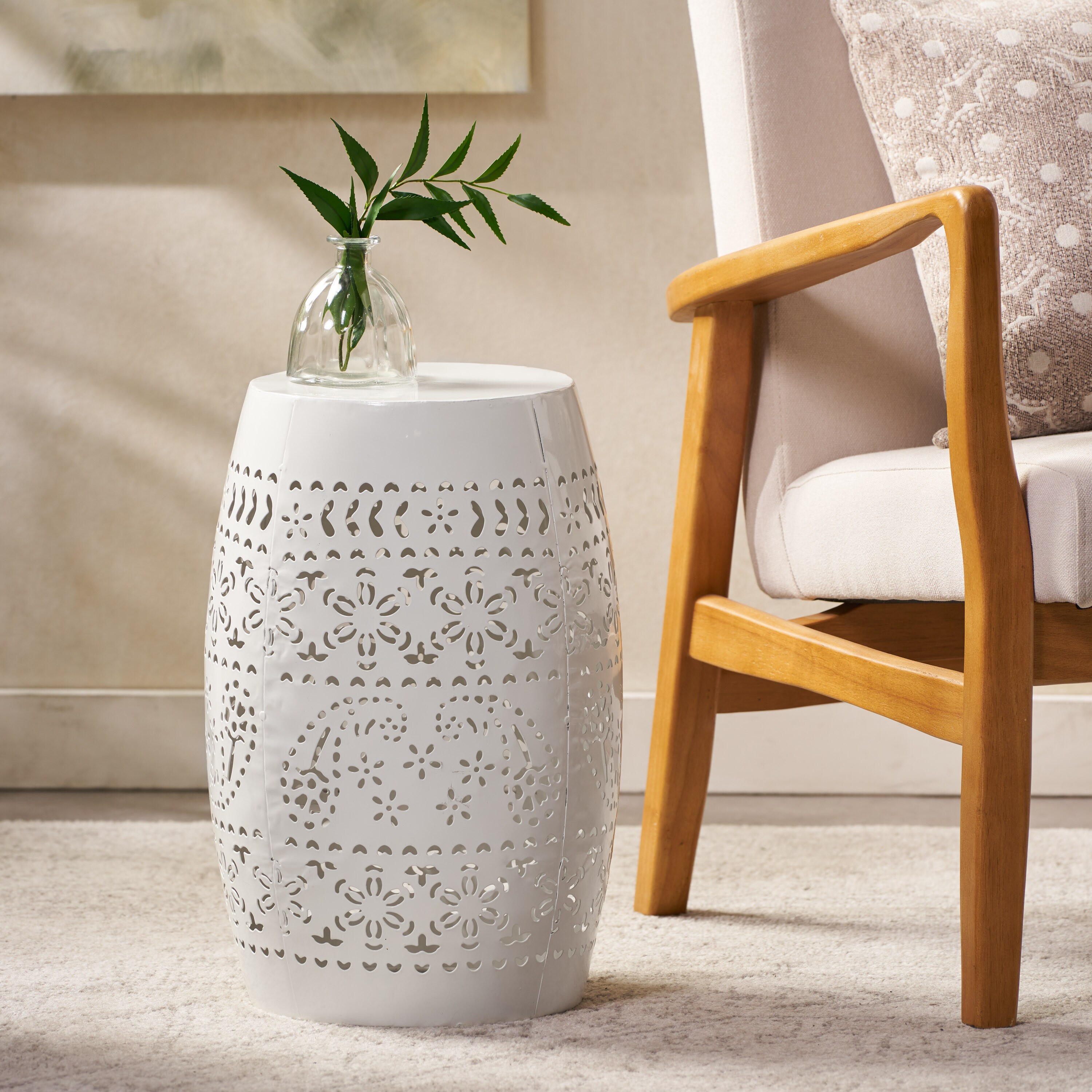 Mondawe Ruby Lace Cut Metal Barrel Side Table White in the Patio Tables ...