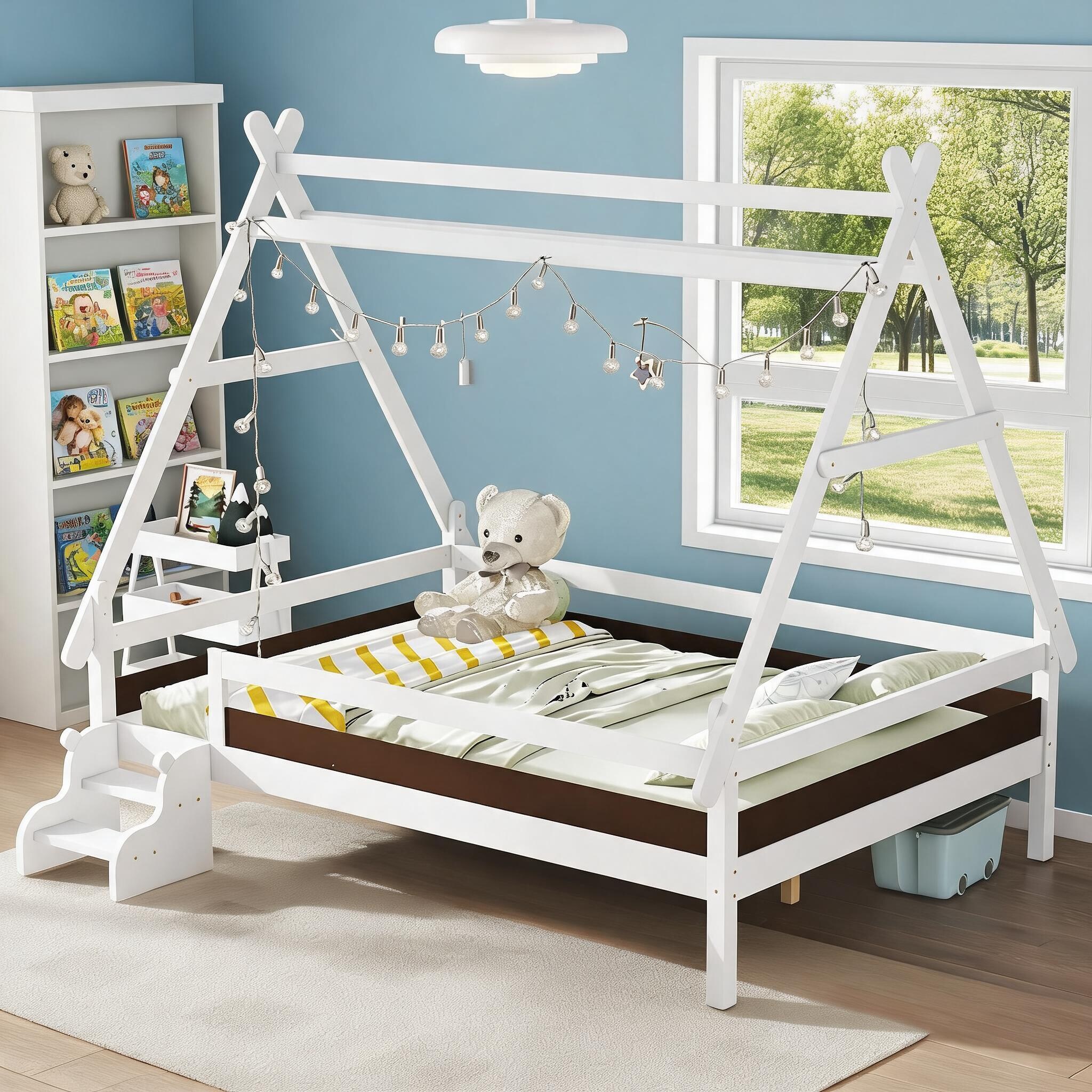 Watnature Solid Pine Full House Bed with Built-In Stairs Low Profile ...