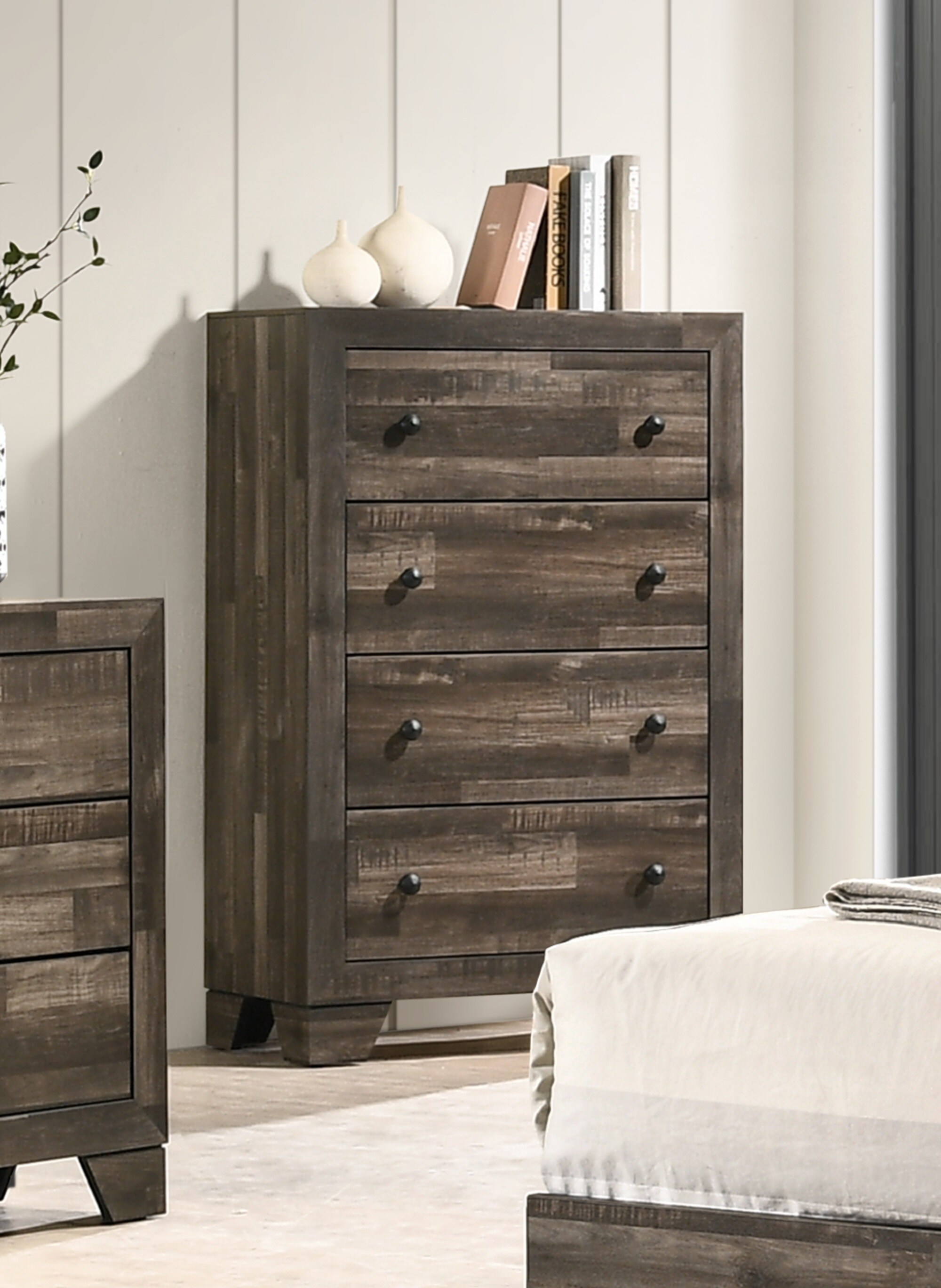LOVMOR 1pc Rustic Four Drawers Storage Tall Chest Brown Gray Finish ...