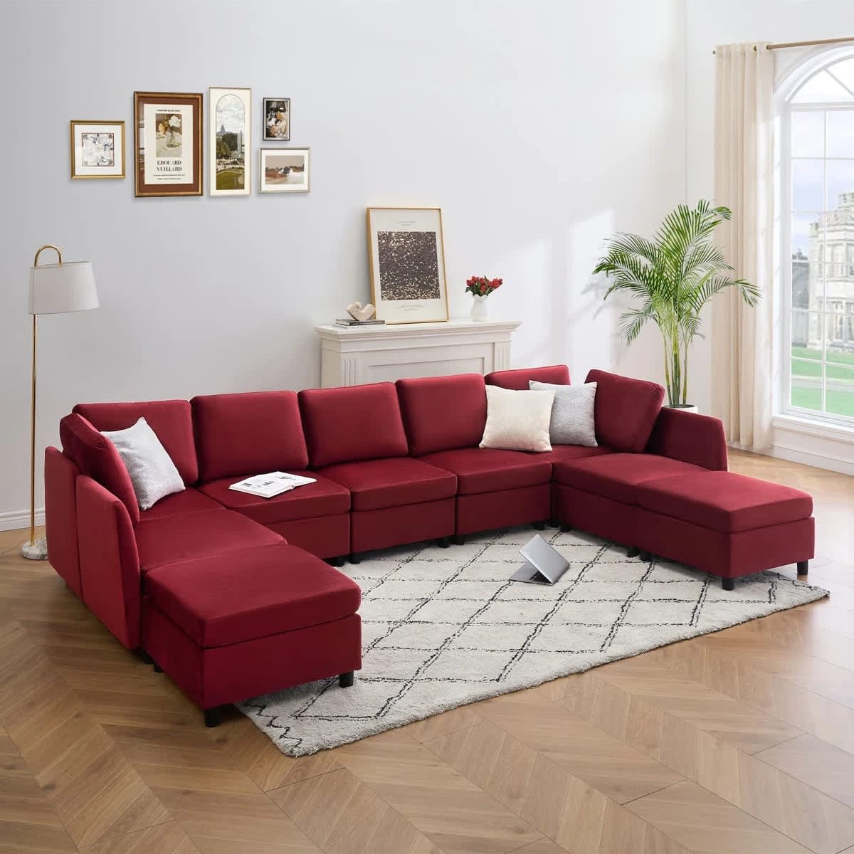 Garvee 86-Inch Sofa-9 Seater With Petal Cushion-Chenille Fabric-Wine ...