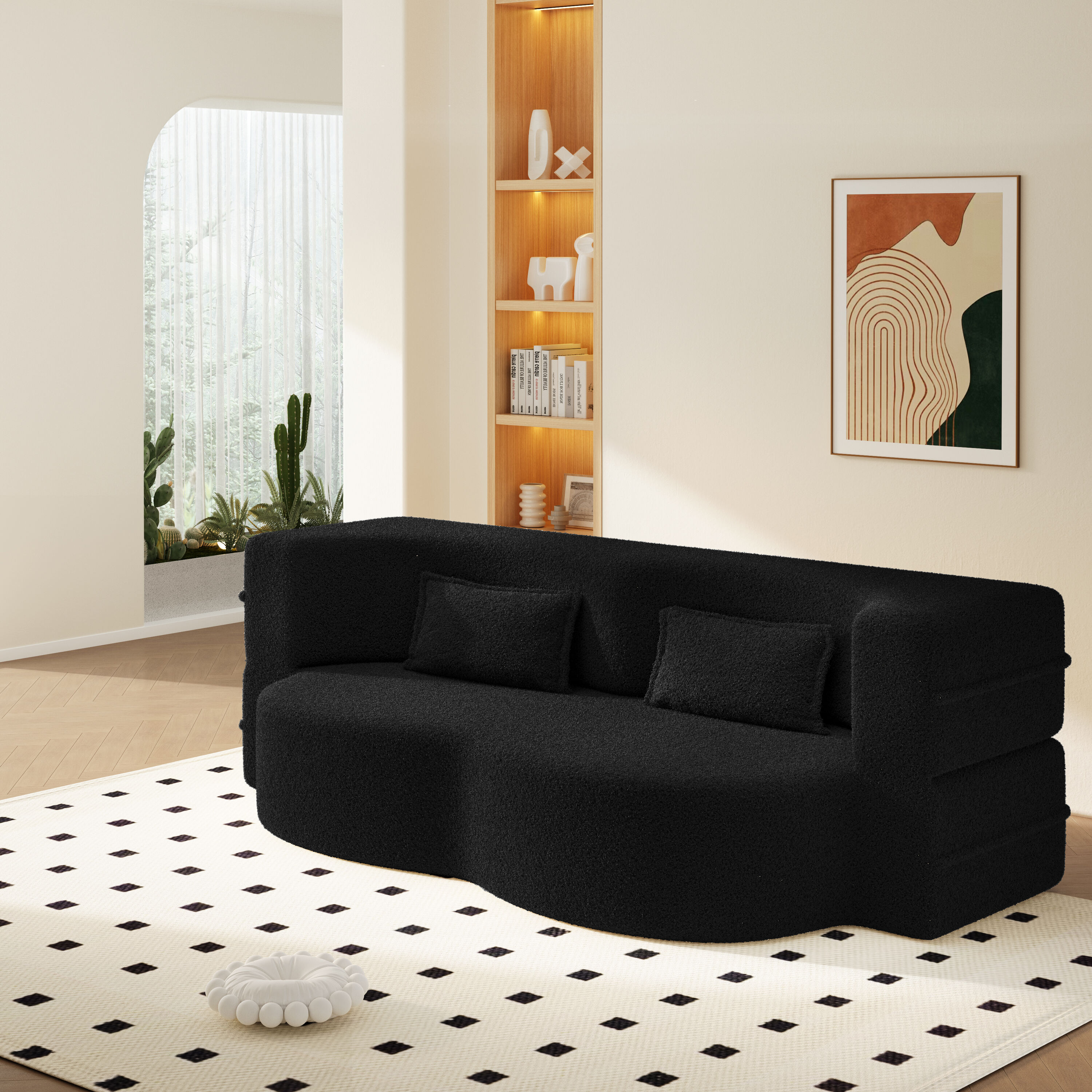 LOVMOR 78inch Convertible Compressed Sleeper Sofa Teddy Black Couch ...