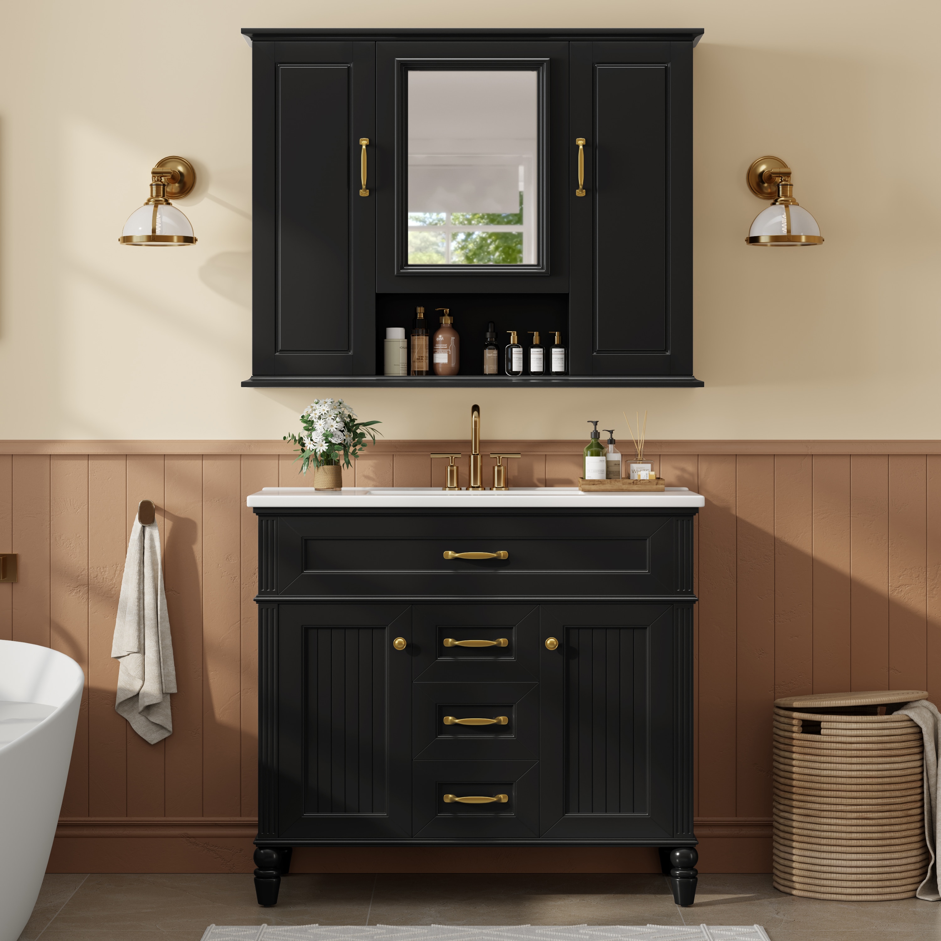 LOVMOR Wall-Mounted Black 36-in Bathroom Medicine Cabinet with Mirror ...