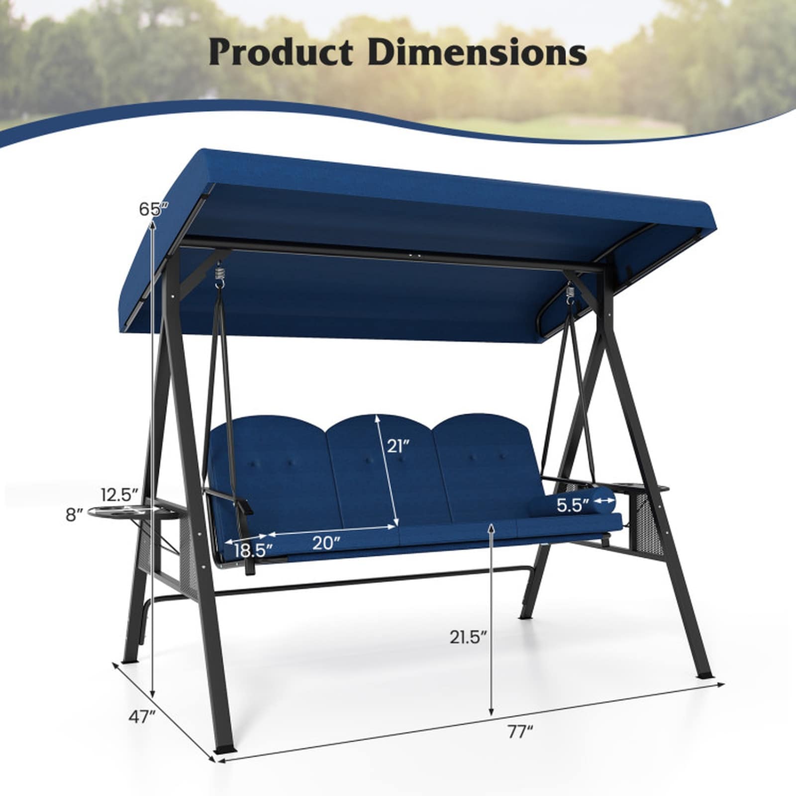 SUGIFT 3-Seat Patio Swing Chair Porch Swing with Stand 60 Degree ...