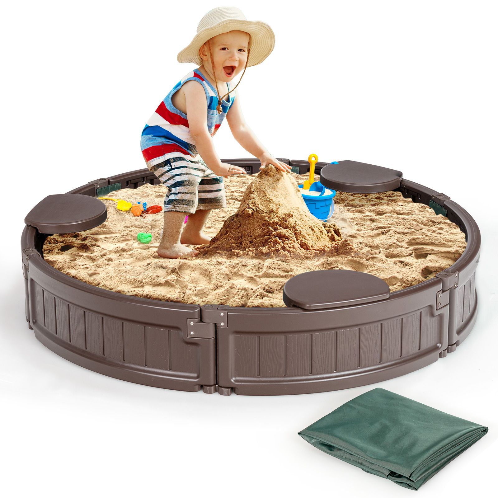 Slickblue 47L x 47W-Inches - Brown Round HDPE Sandbox with Built-In ...