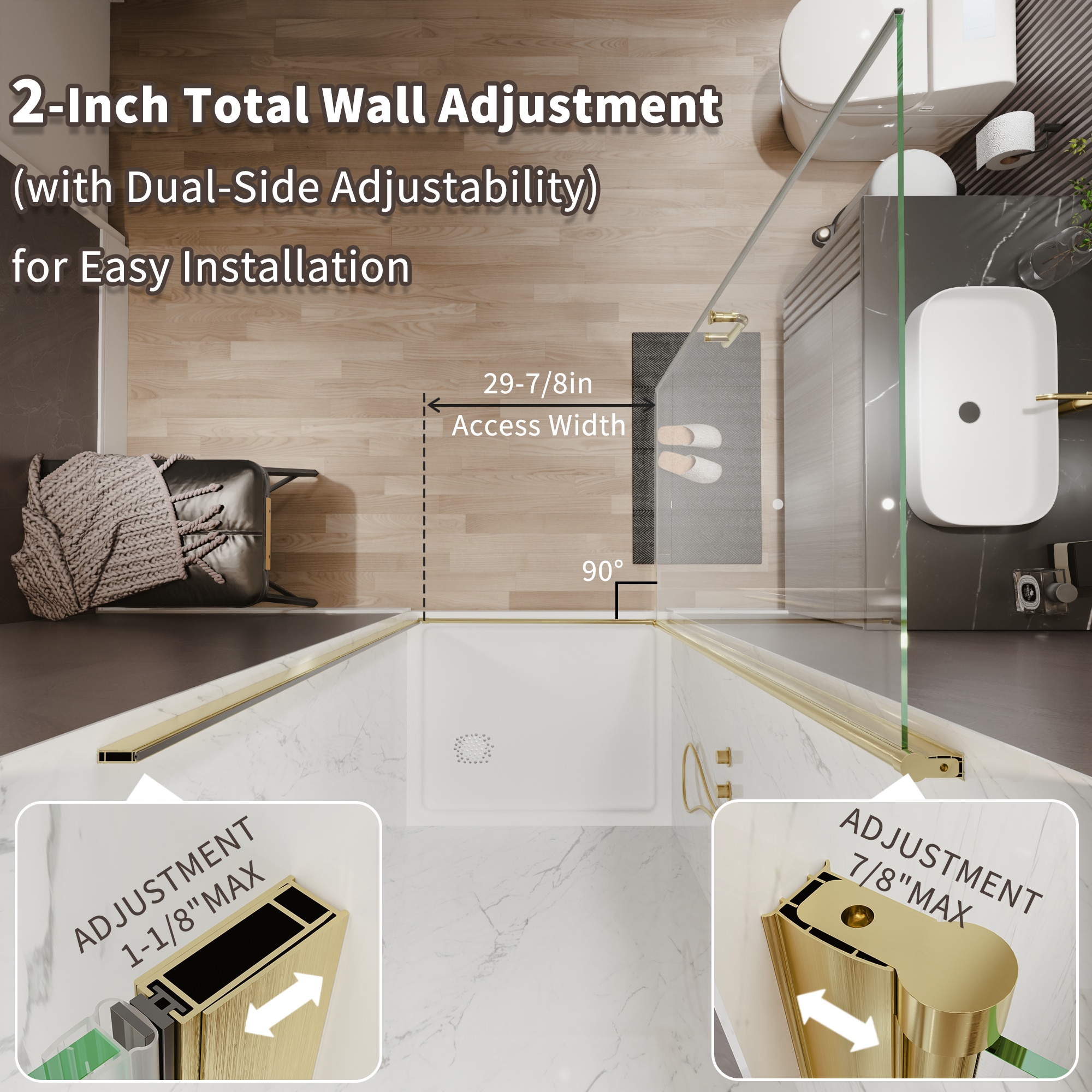 AAZJ HS Hinge Pivot Shower Door Brushed Gold 34-in to 35-1/2-in W x 72 ...