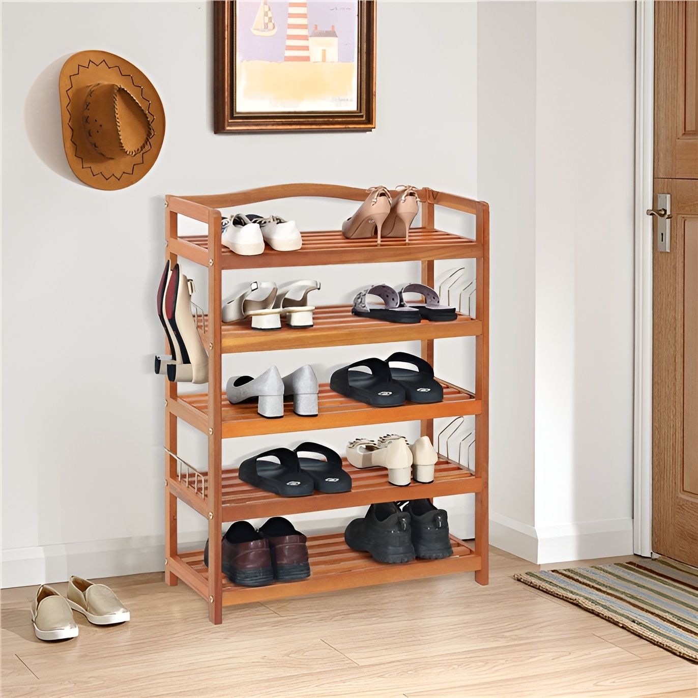 Slickblue Wooden 5-Tier Shoe Rack with Removable Shelves and Side Hooks ...