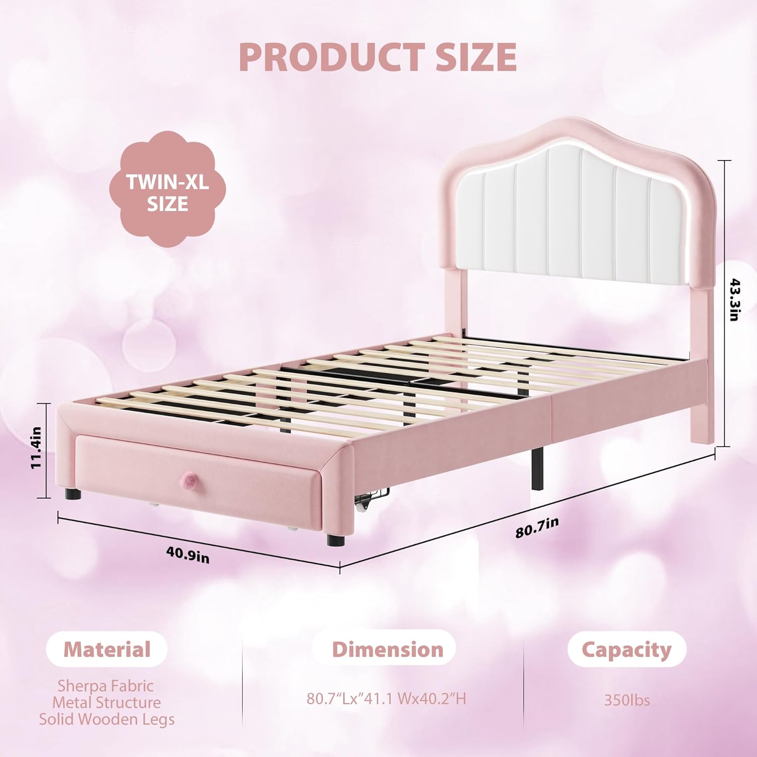 Qeetex Upholstered Twin XL Bed Frame with Led Lights and Storage Drawer ...