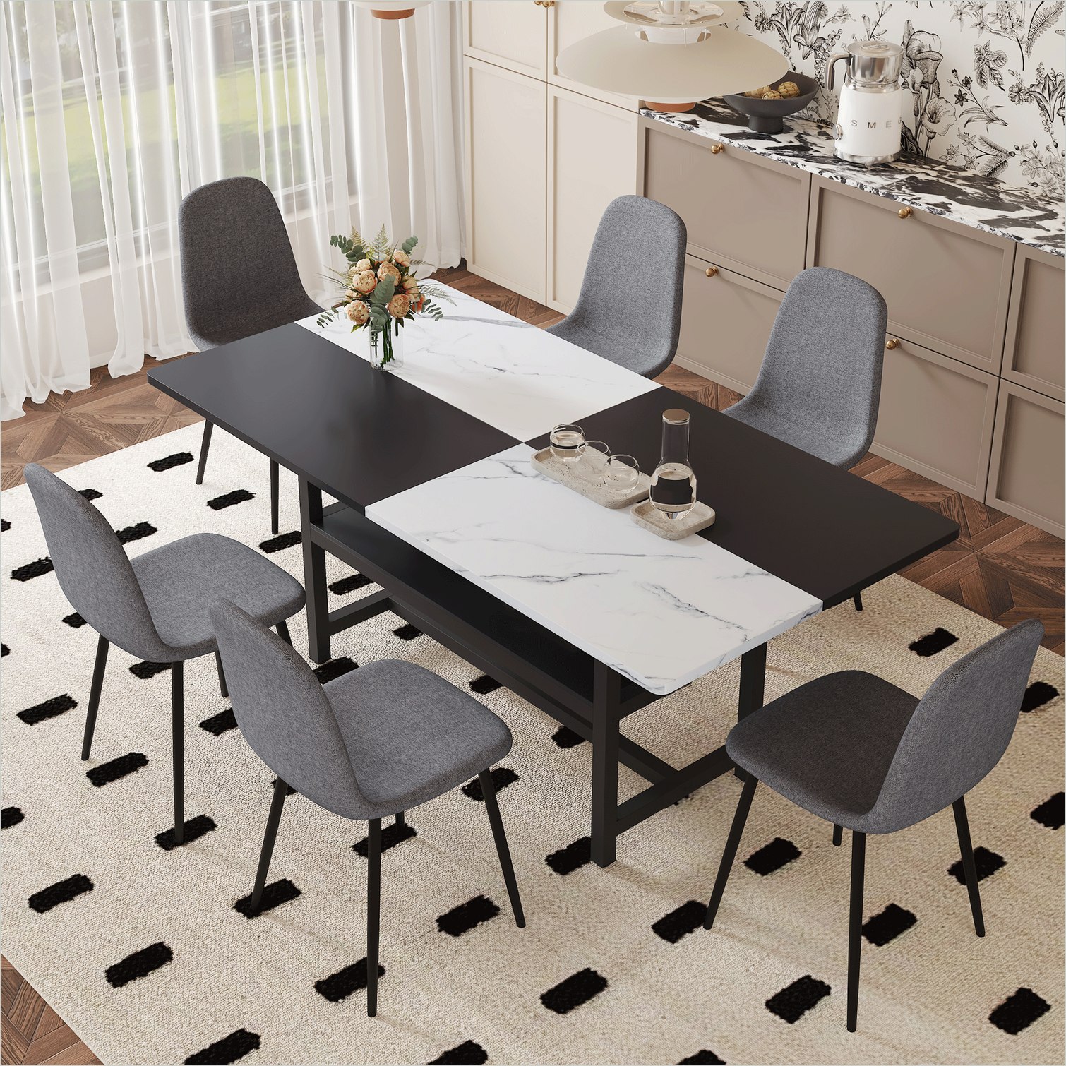 Naturefalls White and Black MDF Dining Table with 6 Dark Gray Linen ...