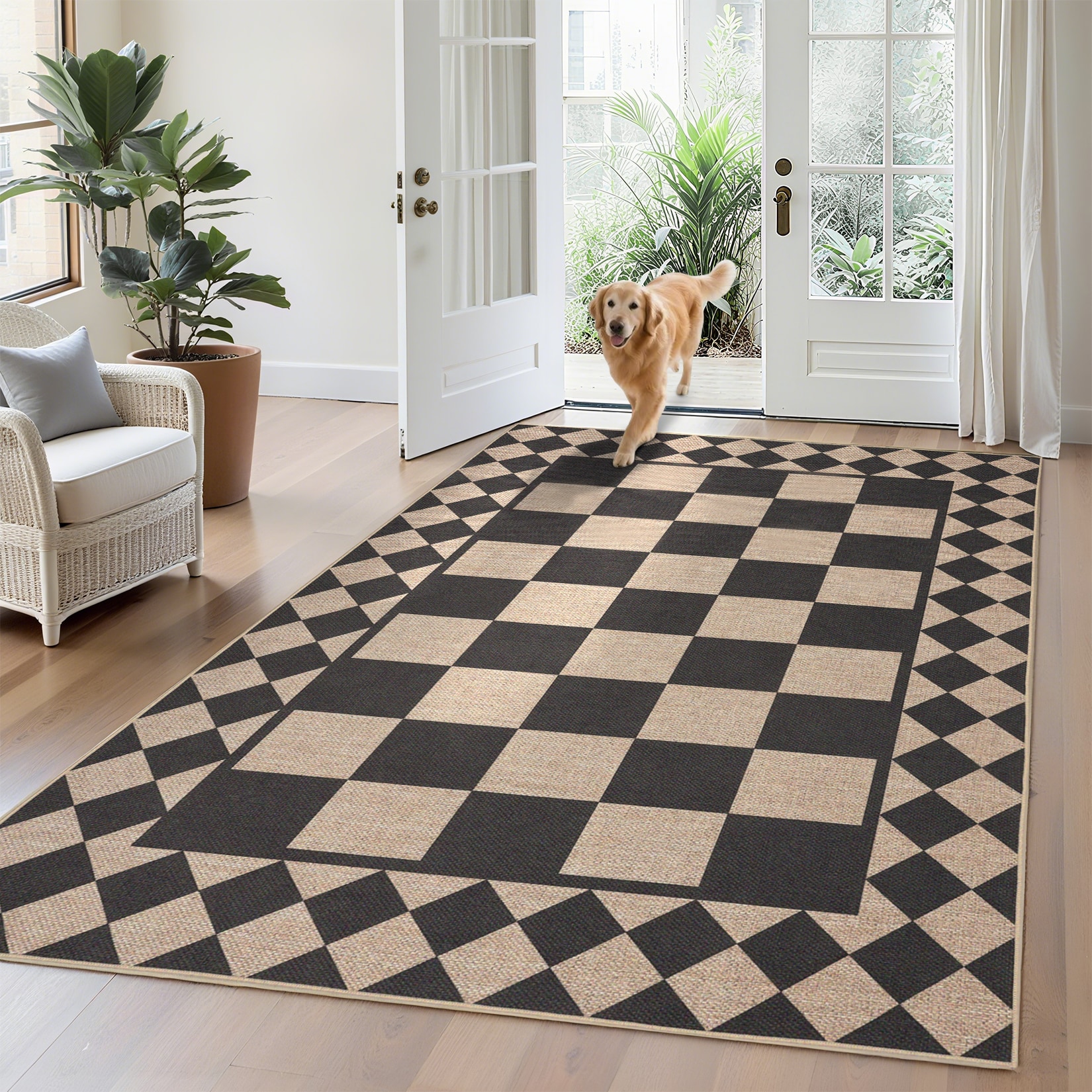 Qeetex 9 x 12 ft Natural Machine Washable Modern Checkered Soft Non ...