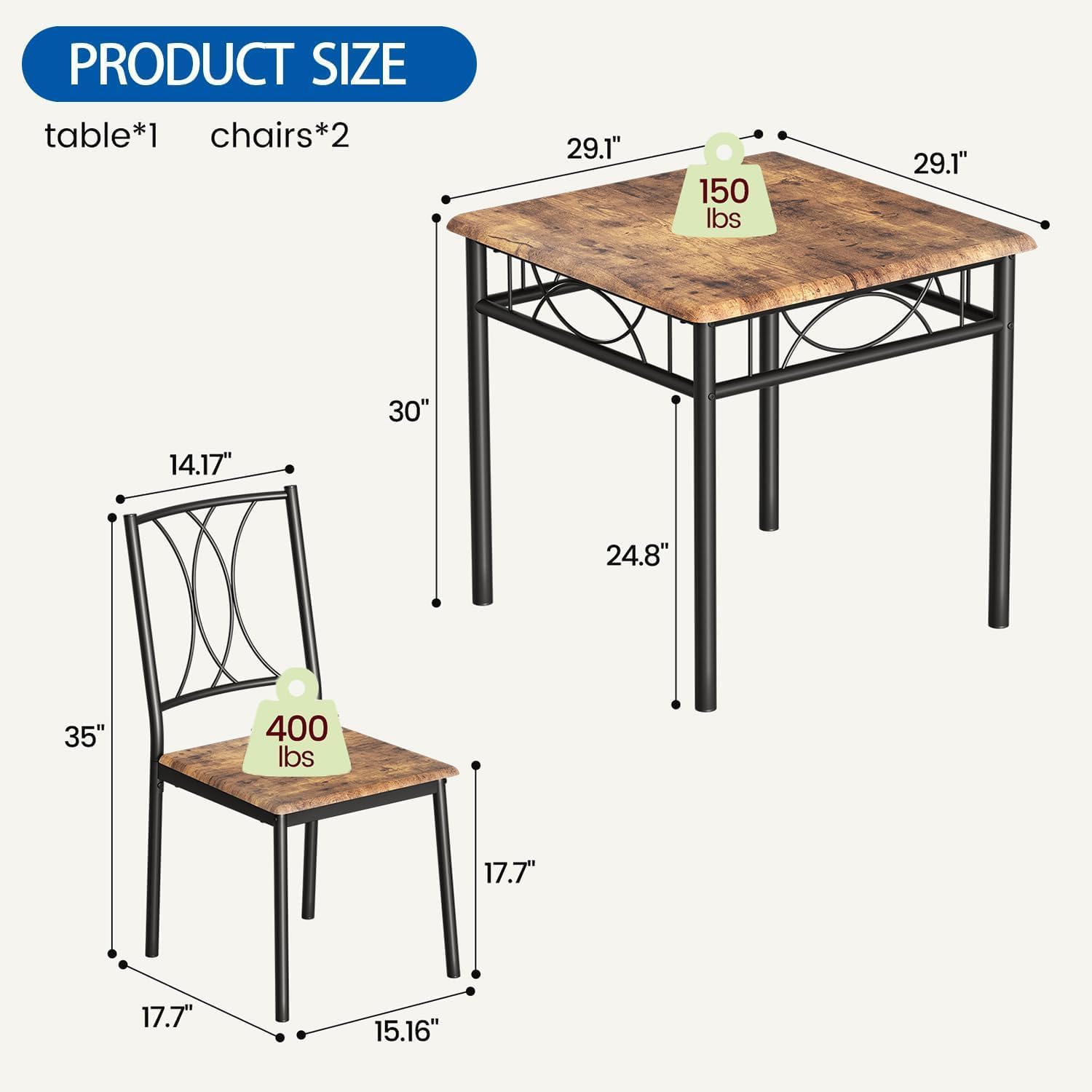 Garvee Rustic 3 Piece Double C Dining Set for 2 Square Metal and MDF ...