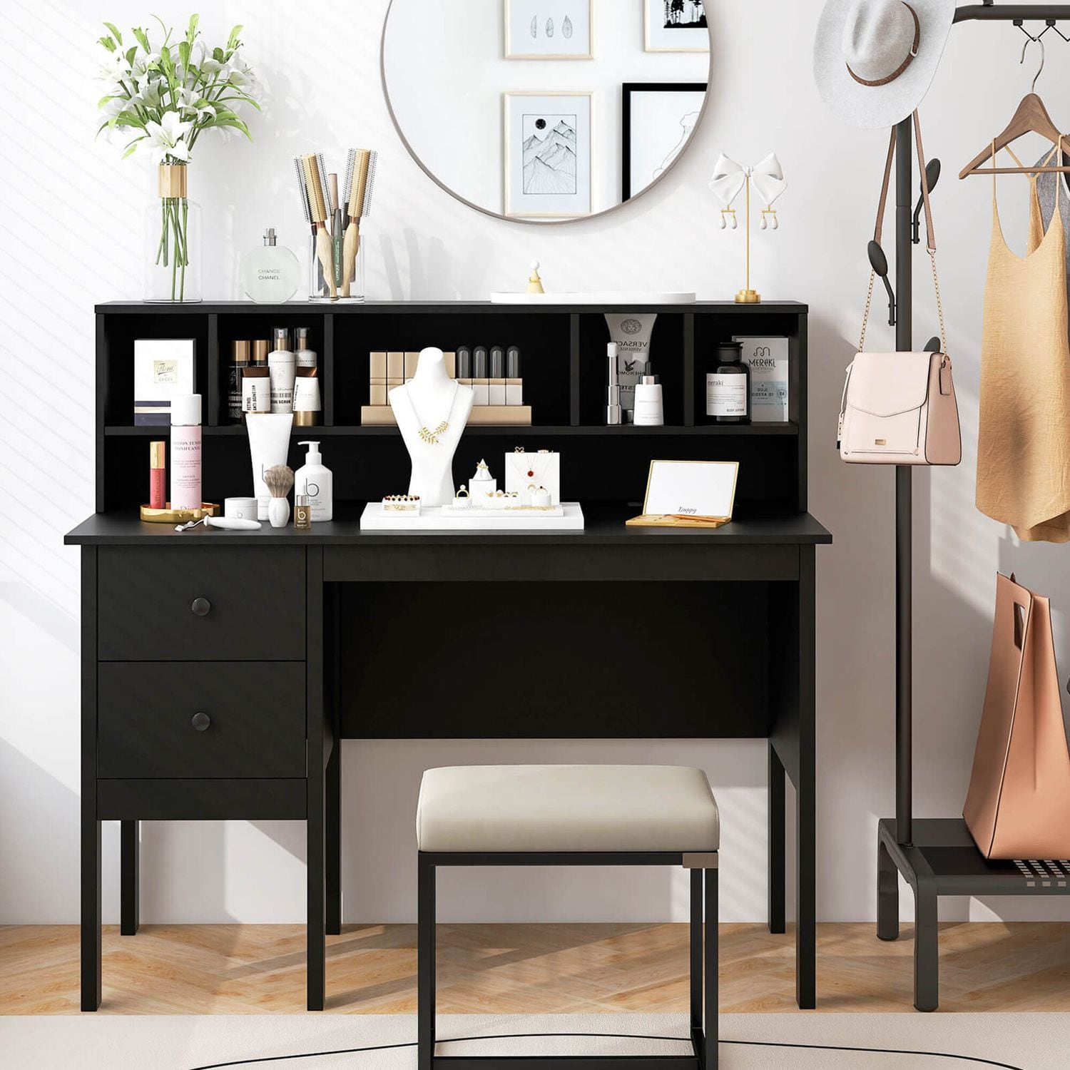Costway 48 inches Computer Desk with Power Outlets Type-C 5-Cubby Hutch ...