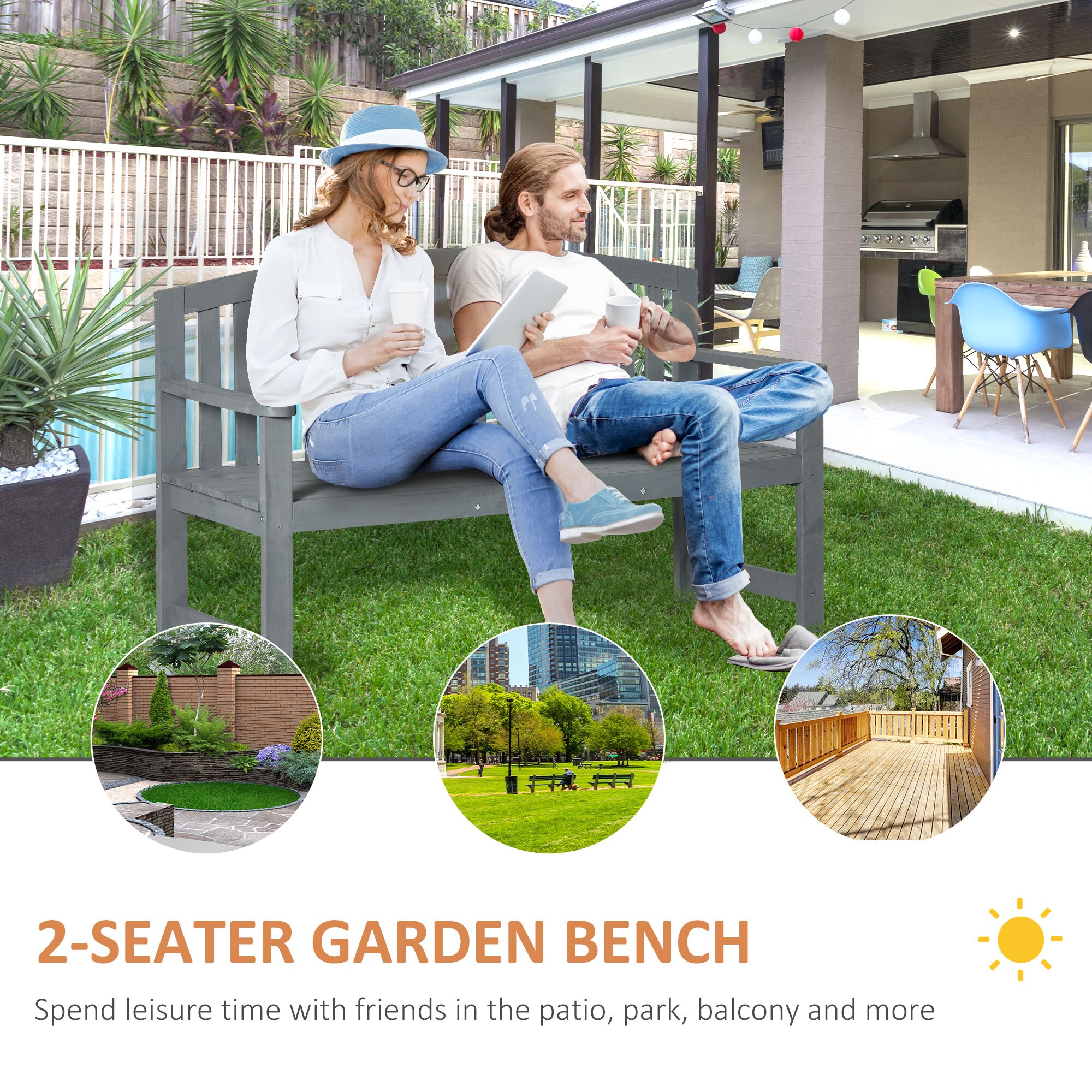 Outsunny 56inch Outdoor Wood Bench 2-Seater Wooden Garden Bench with ...