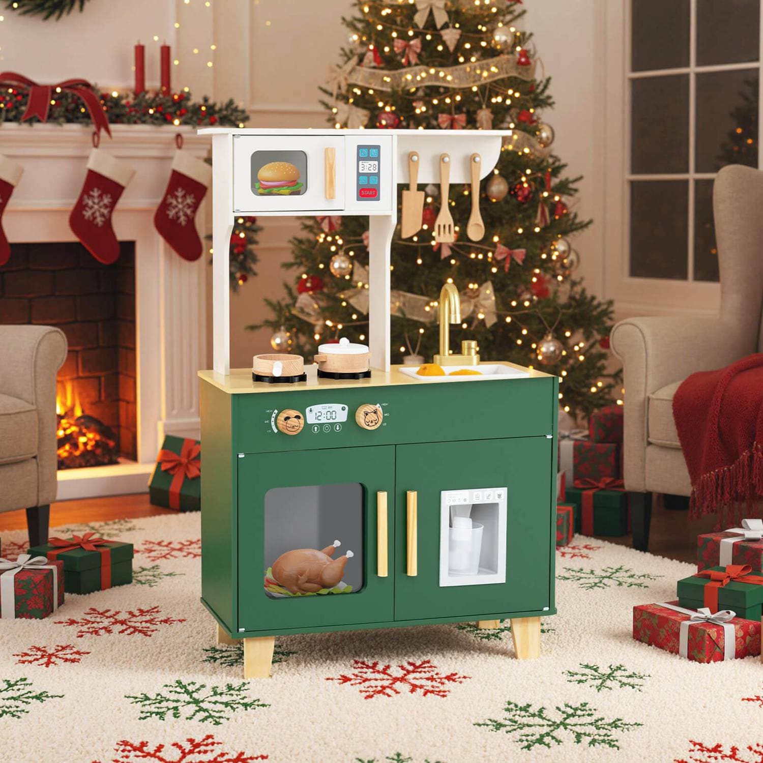 Costway Kids Play Kitchen with Microwave Stoves Rotation Knobs Ice ...