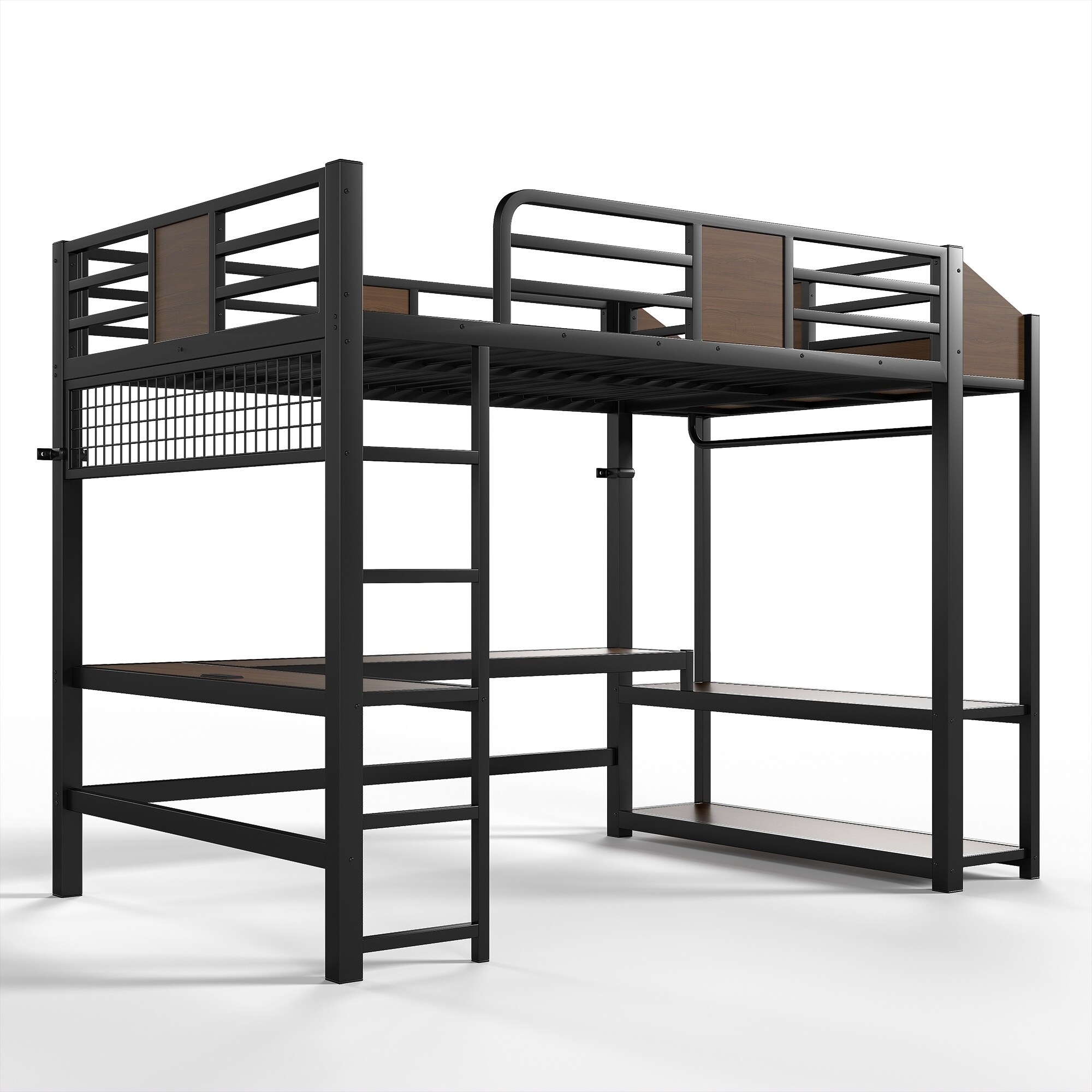 Horizons Prime Full Black and Brown Metal Loft Bed with L-Shaped Desk ...
