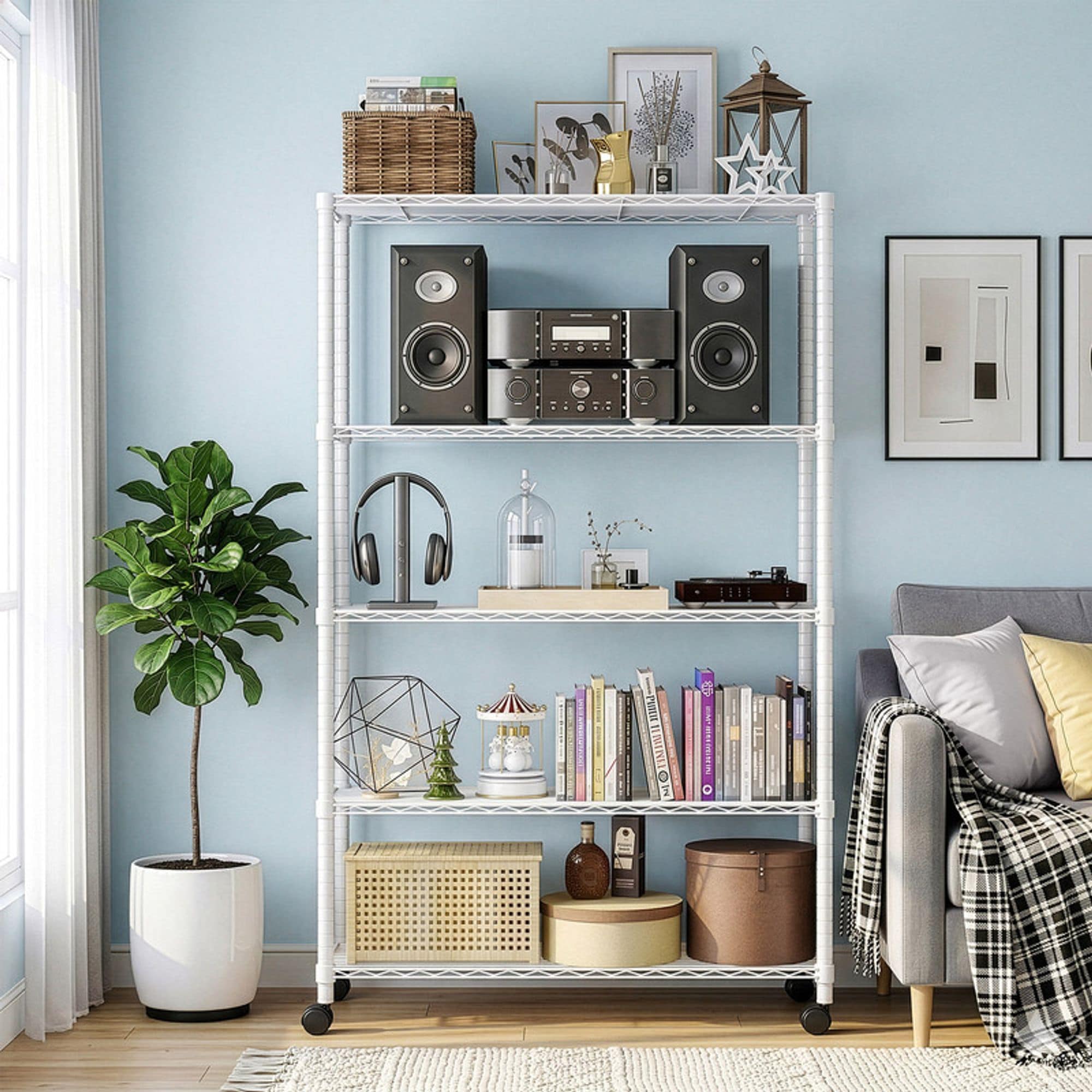 Winado 5-Tier Freestanding Storage Shelf with Casters and Adjustable ...