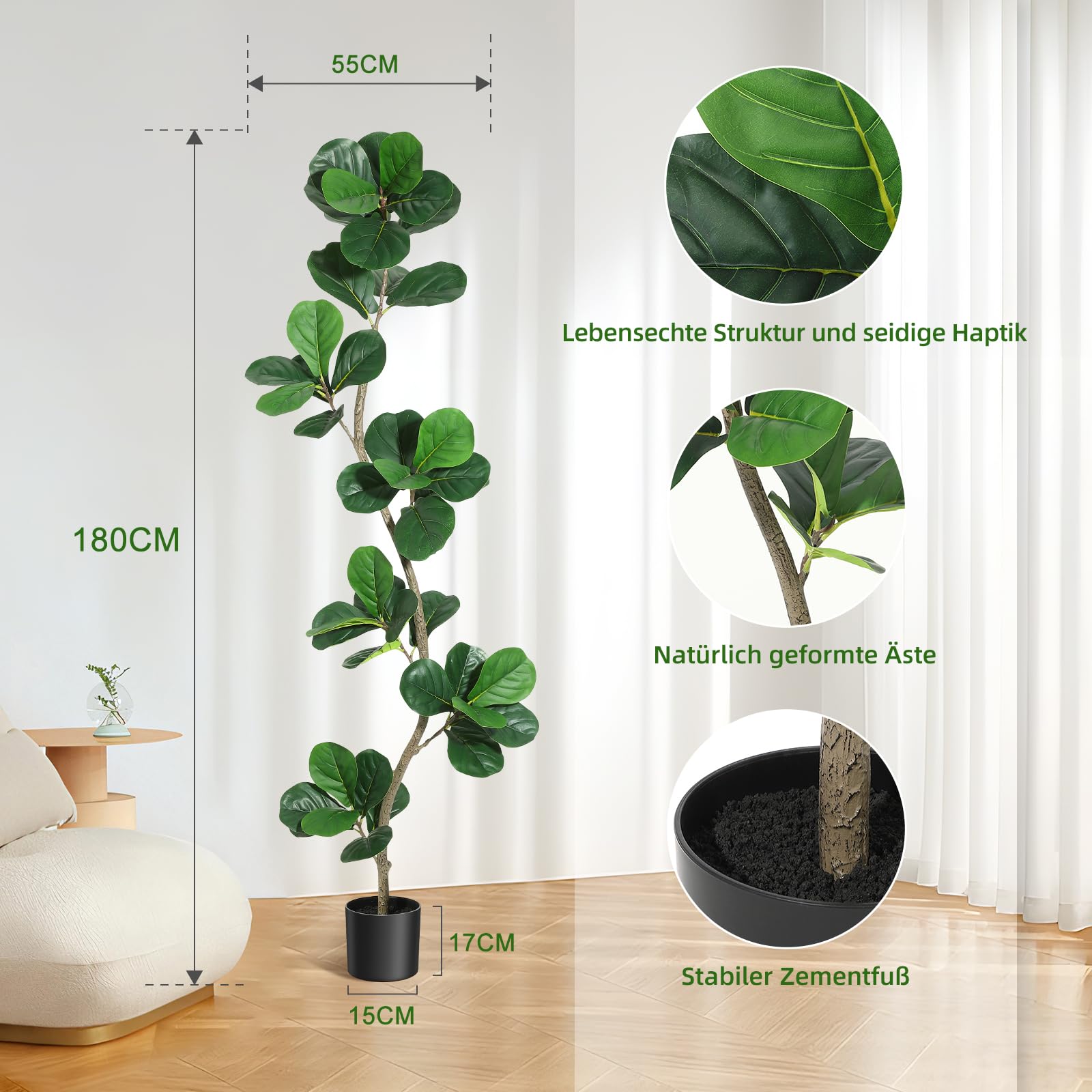 Encore Beets 6ft Artificial Fiddle Leaf Fig Tree 72in Fake Ficus Floor ...