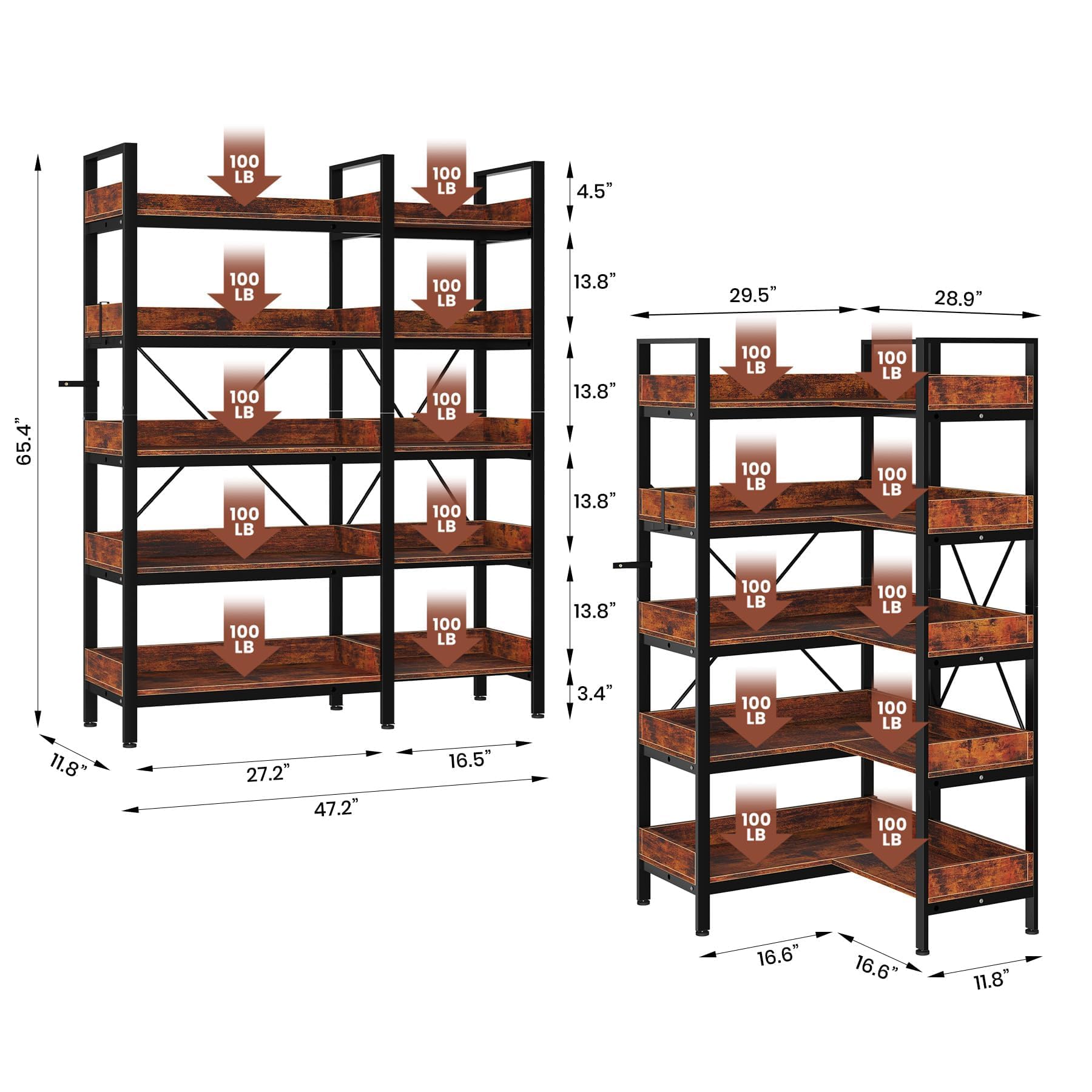 Garvee 5 Tier Corner Bookshelf L Shaped Reversible Bookshelf 65 in ...