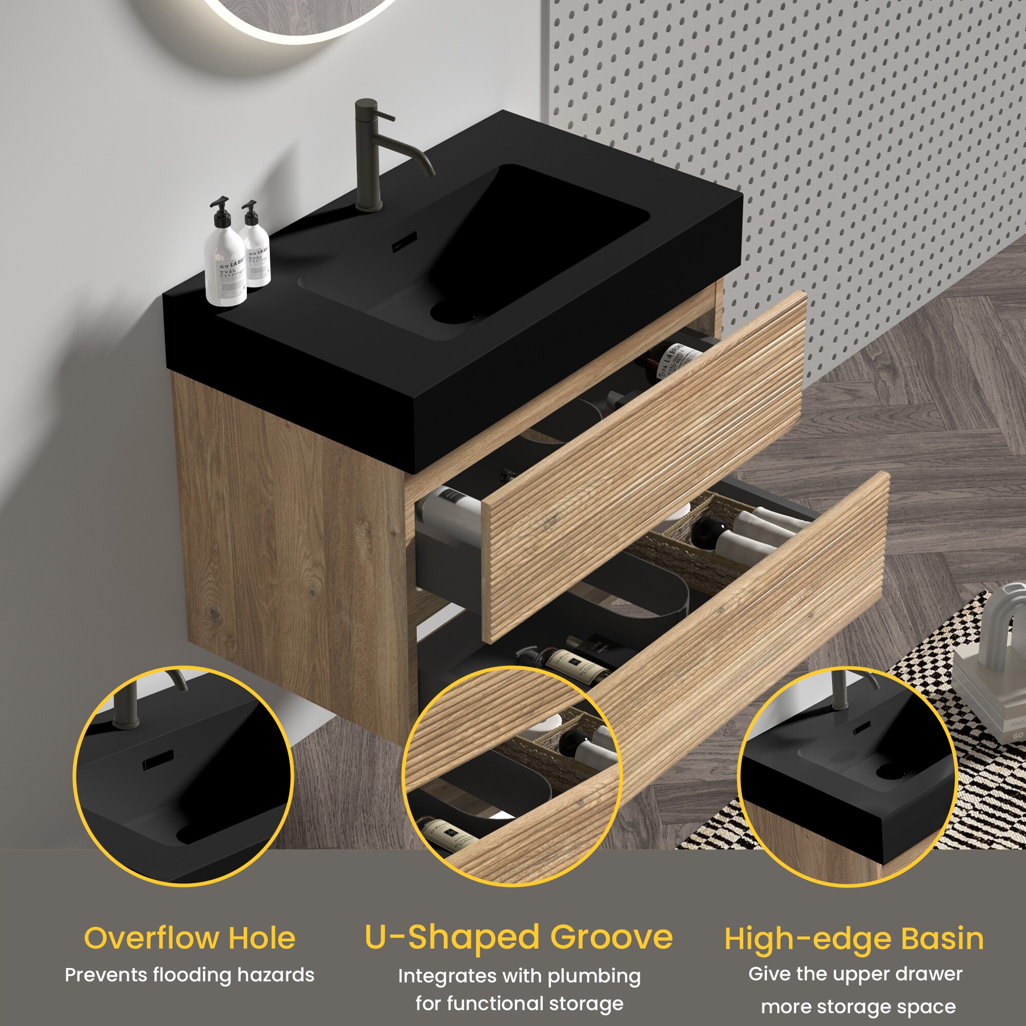 GDFStudio 30' Bathroom Vanity with Oak Engineered Quartz Sink and Soft ...