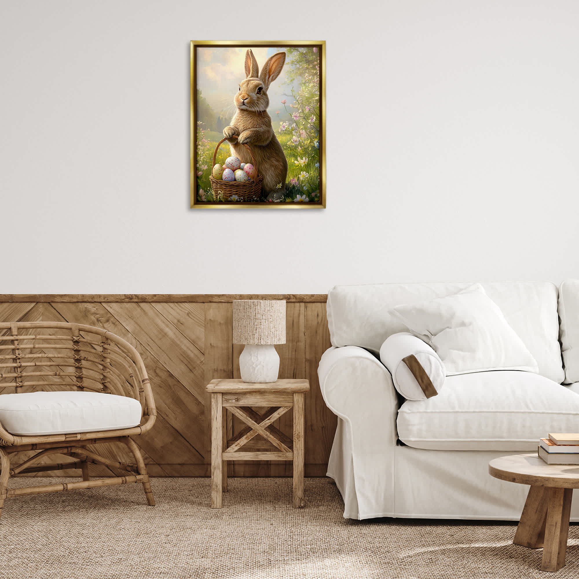 Stupell Industries Bunny with Easter Basket Gold Framed Floater Canvas ...