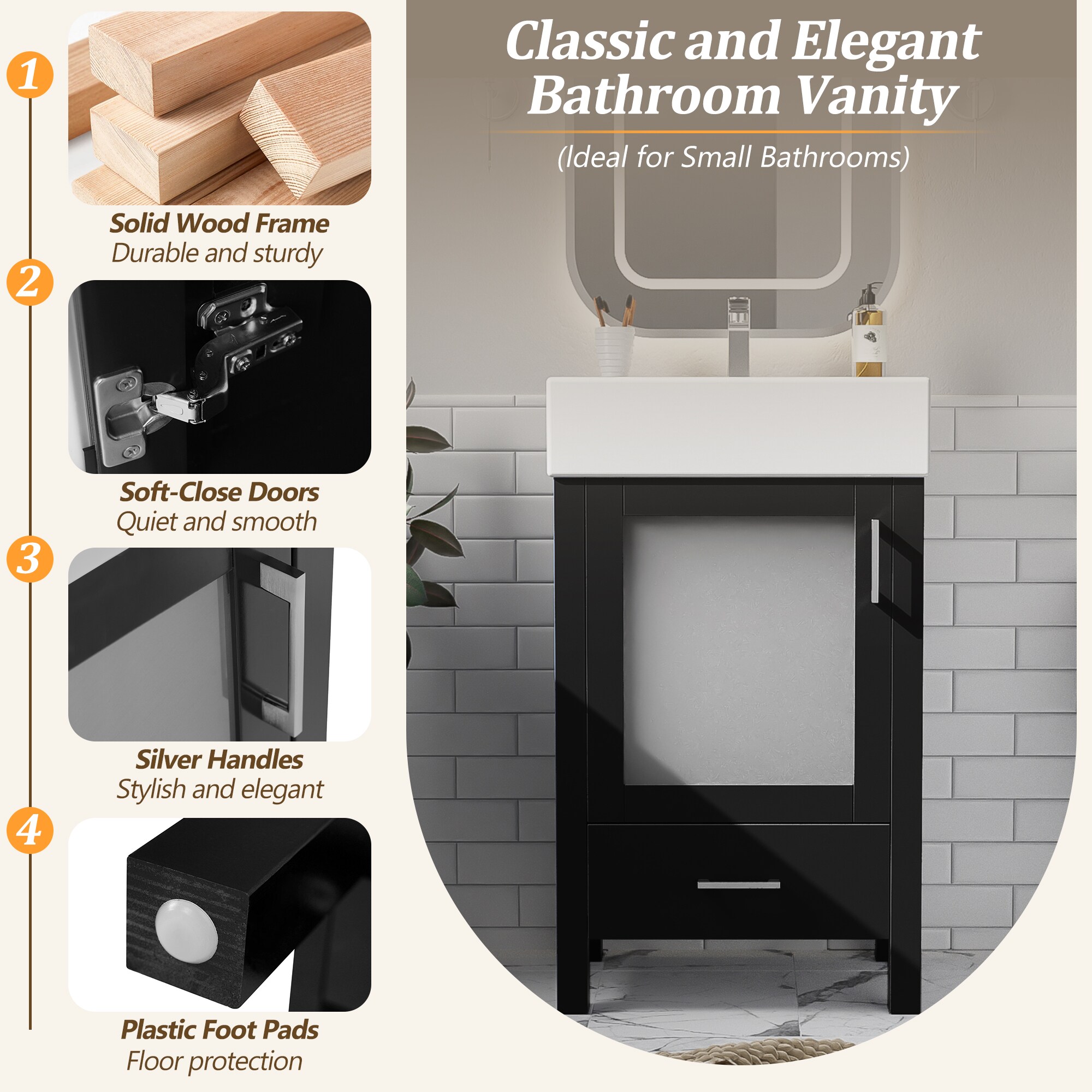 GDFStudio Liam Small 20-Inch Bathroom Vanity with Ceramic Sink-Black in ...