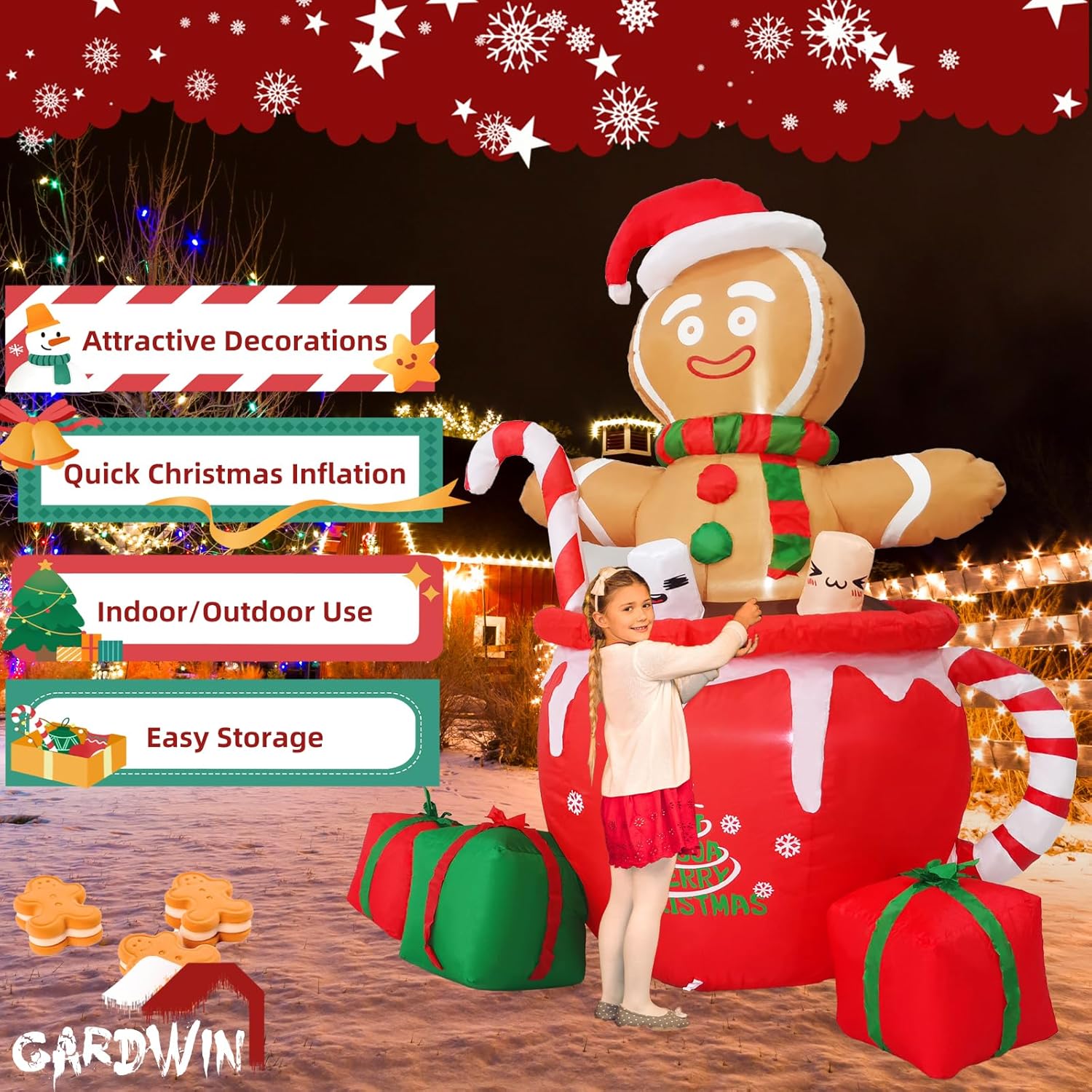 Etokfoks 6ft Gingerbread Christmas Inflatable Outdoor Decoration Built ...