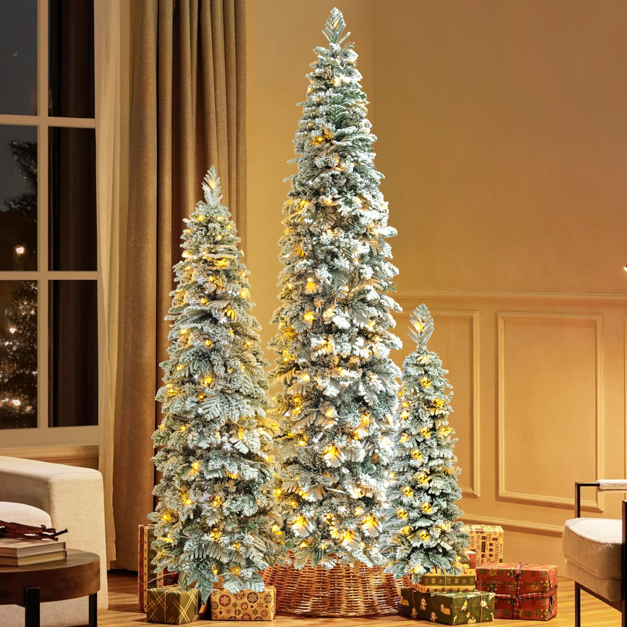Tatayosi 8FT 6FT 4FT Pre-Lit Pencil Christmas Trees Set of 3 Flocked ...