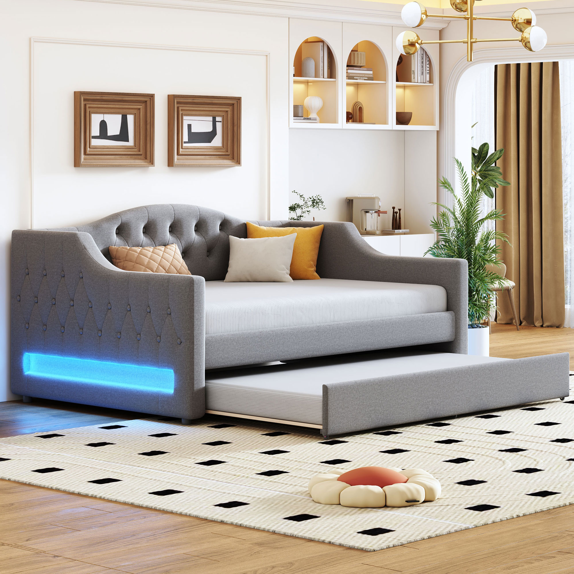LUXEYARD Upholstered Full XL Size Daybed with LED Belt and Trundle Gray ...