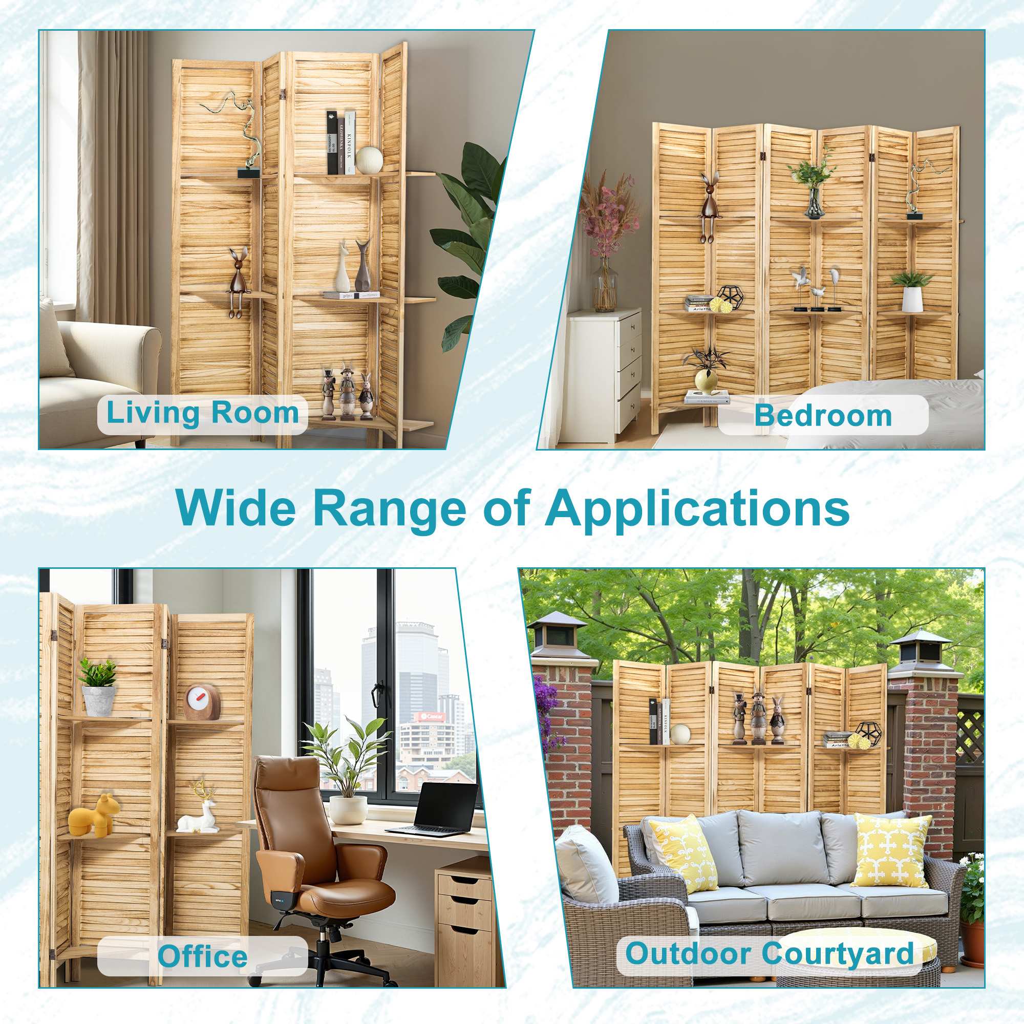 Misty Moon 96x67 Inch Wood Color Wooden Folding Screen with Shelves for ...