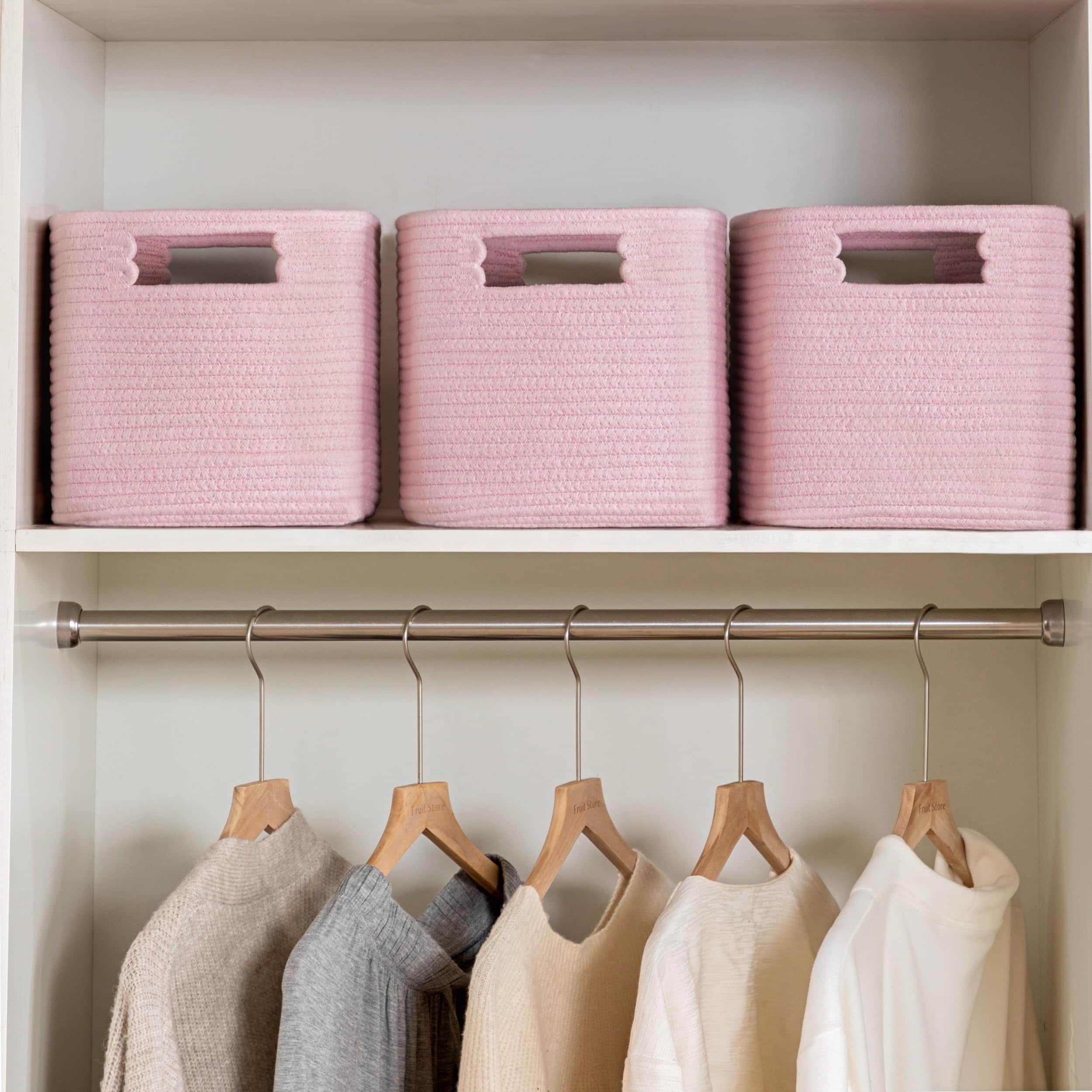 PIGFDK Pink Woven Cotton Storage Baskets With Handles Foldable Machine ...