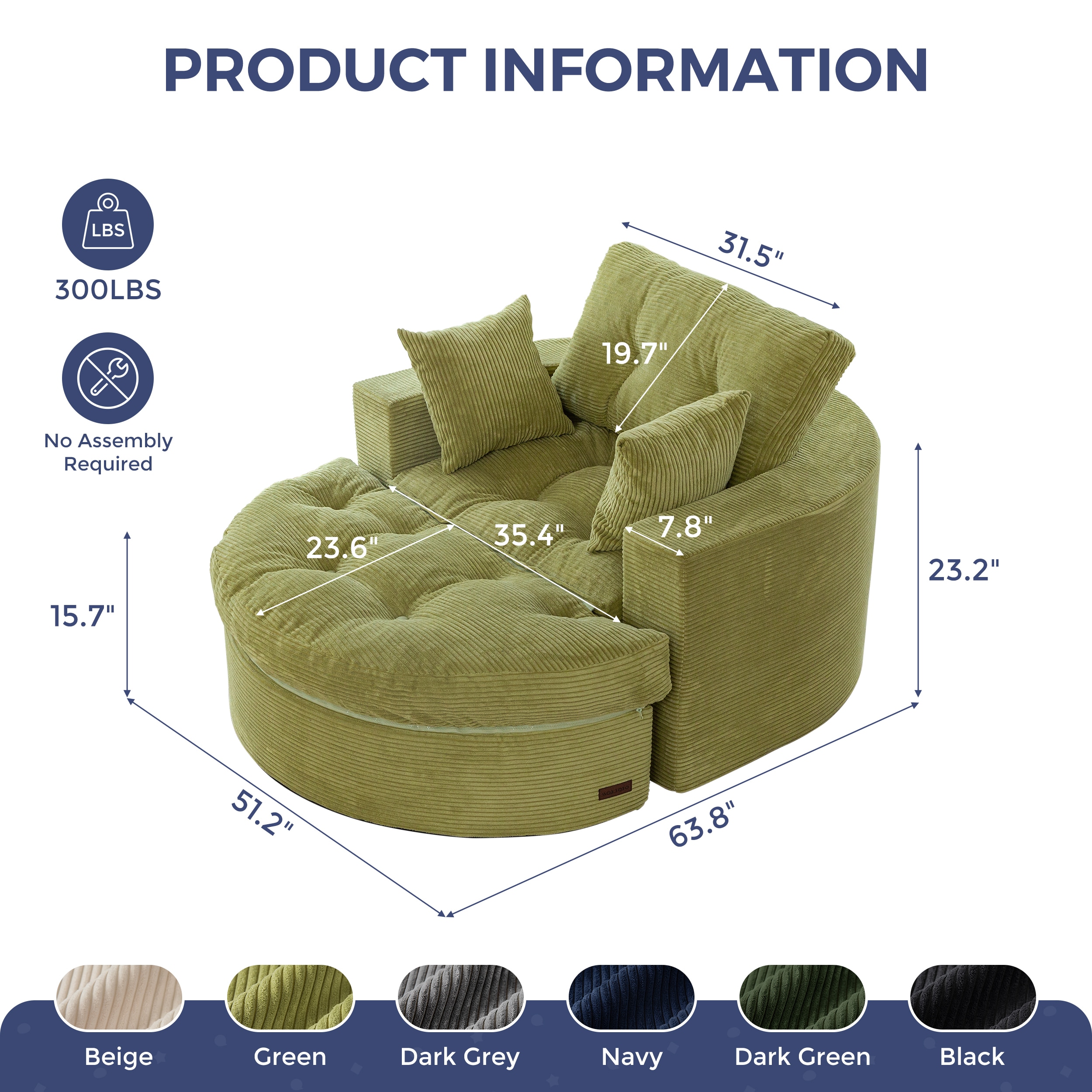 MAXYOYO 64-in Round Chaise Lounge Sofa Upholstered Lounge Chair with 3 ...