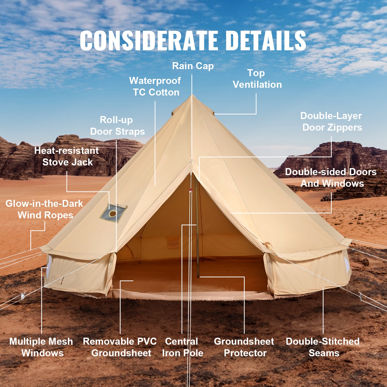 VEVOR Canvas Bell Tent 4 Seasons 7 m/22.97 ft Yurt Tent Canvas Tent for ...