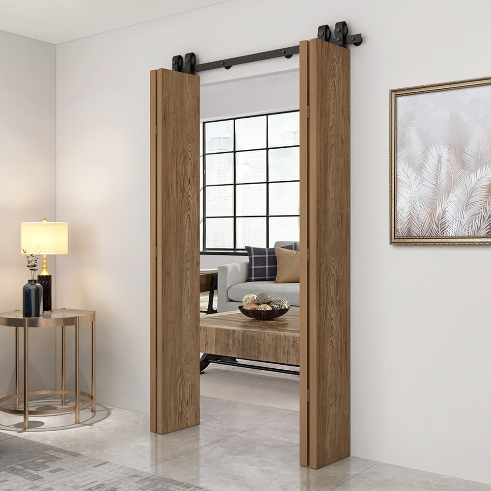 CALHOME 48-in x 84-in Walnut MDF Hollow core Double bifold Barn Door ...
