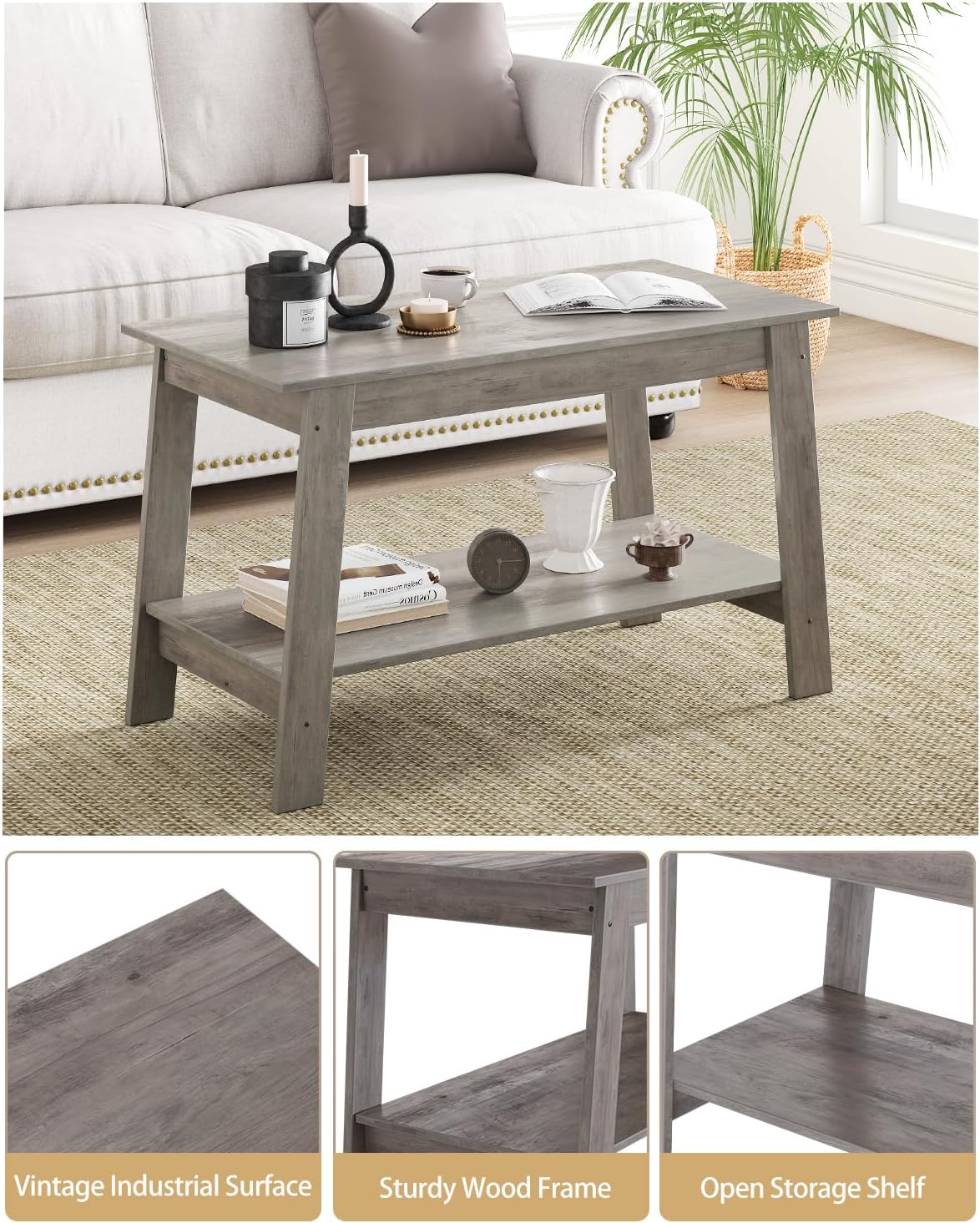 IdealHouse Farmhouse Wooden Coffee Table- 31.5 Inch Modern 2-Tier ...